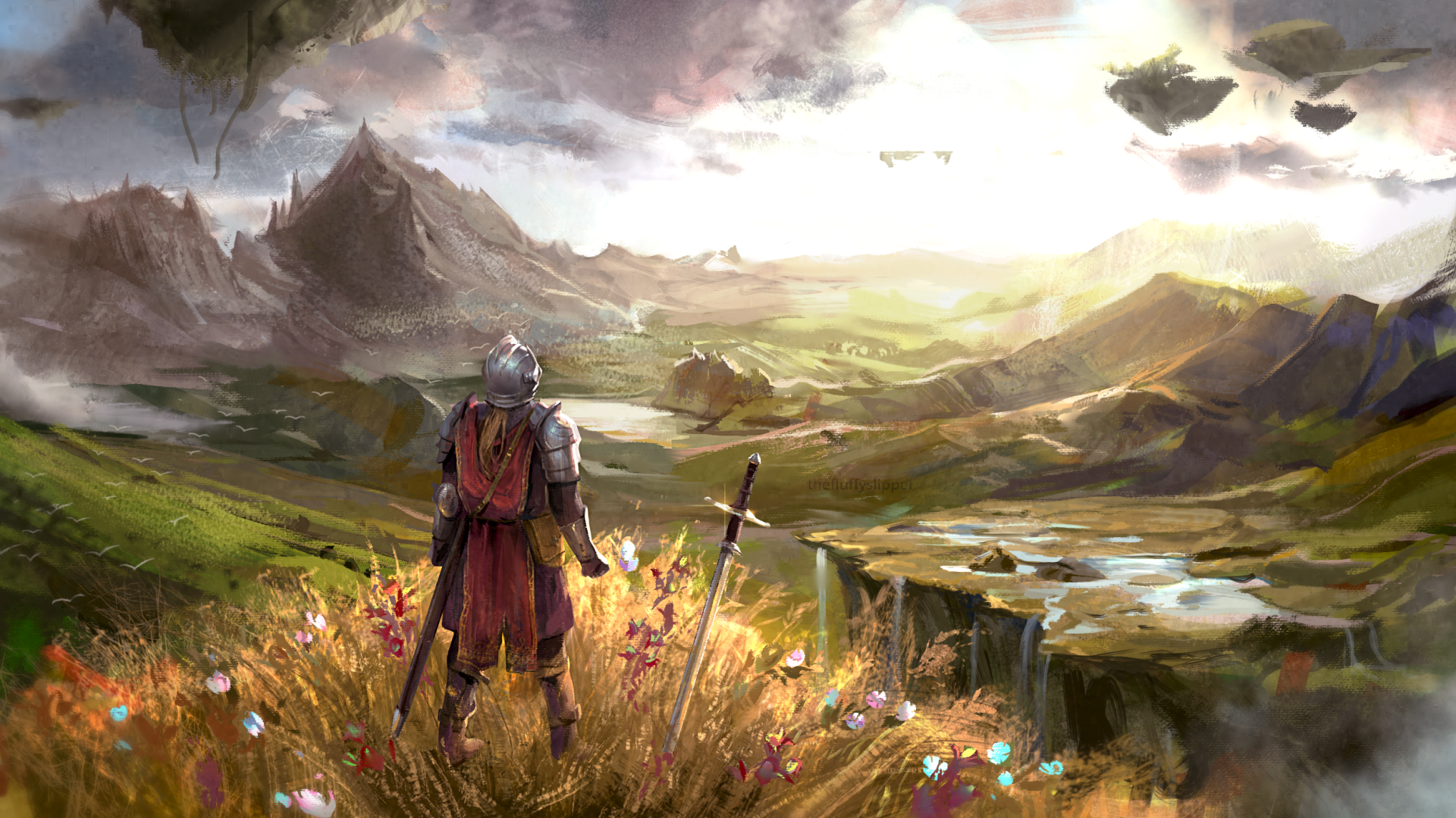 Download Sword Floating Island Landscape Woman Warrior Fantasy Knight ...