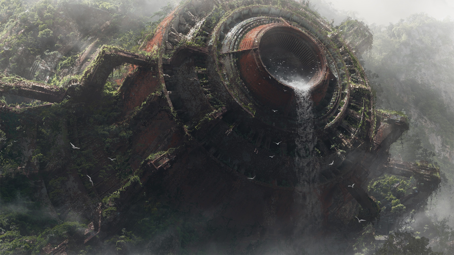 Post-Apocalyptic Waterfall Ruins: A Sci-Fi HD Escape