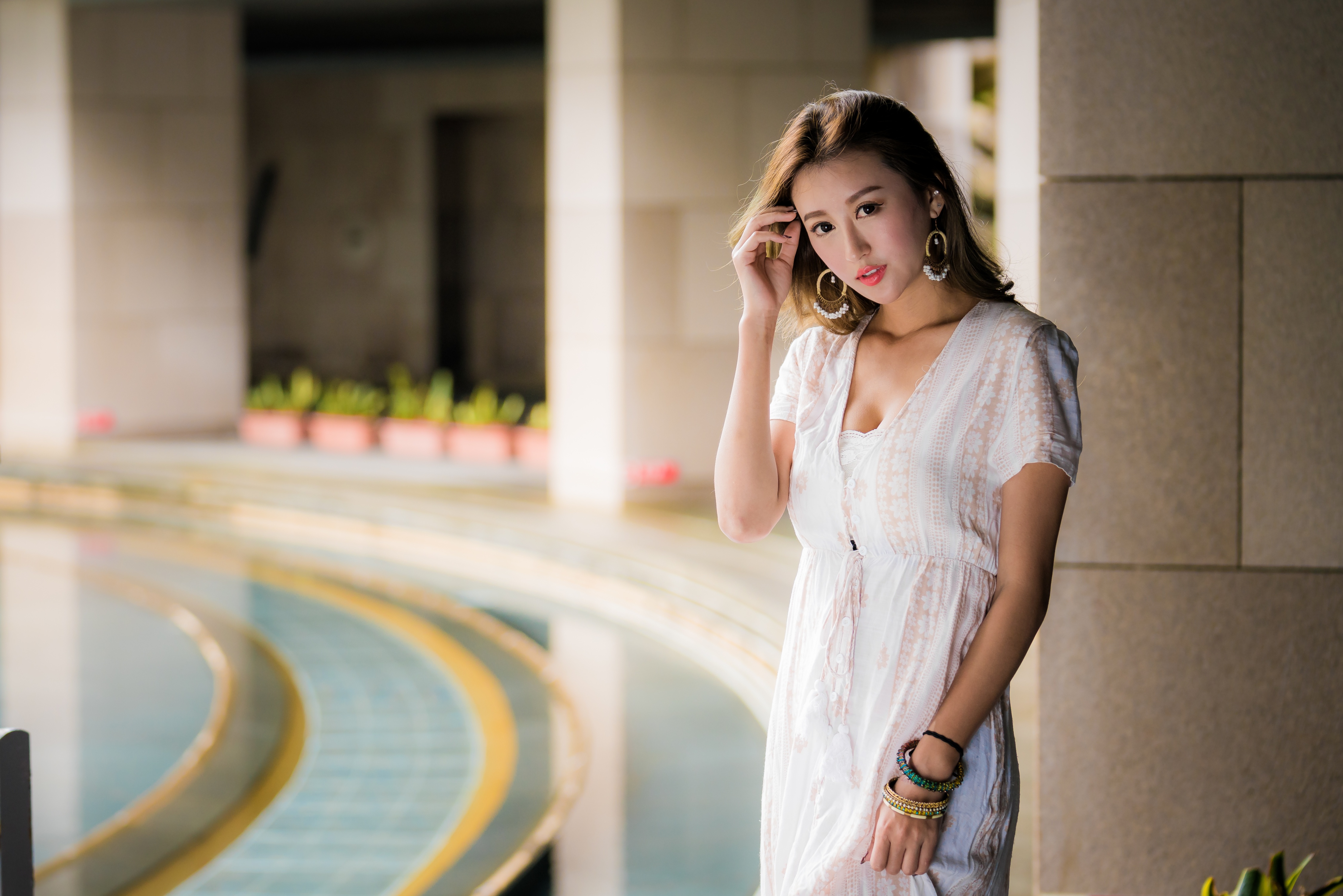 Download Depth Of Field Earrings Brunette White Dress Asian Woman Model ...