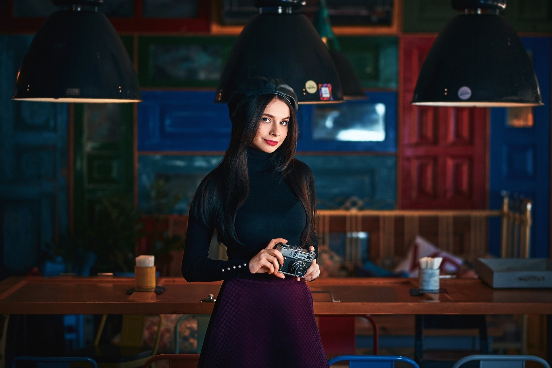 Download Black Hair Long Hair Brown Eyes Lipstick Depth Of Field Hat ...