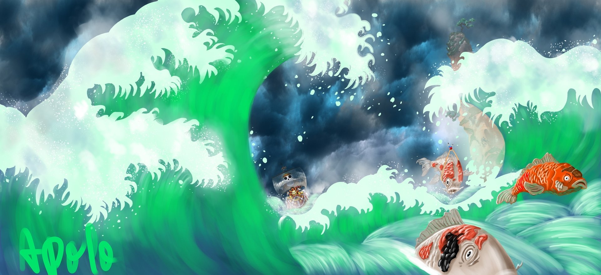 Download Ocean Ship Fish Wave Anime One Piece Ocean Waves HD Wallpaper ...