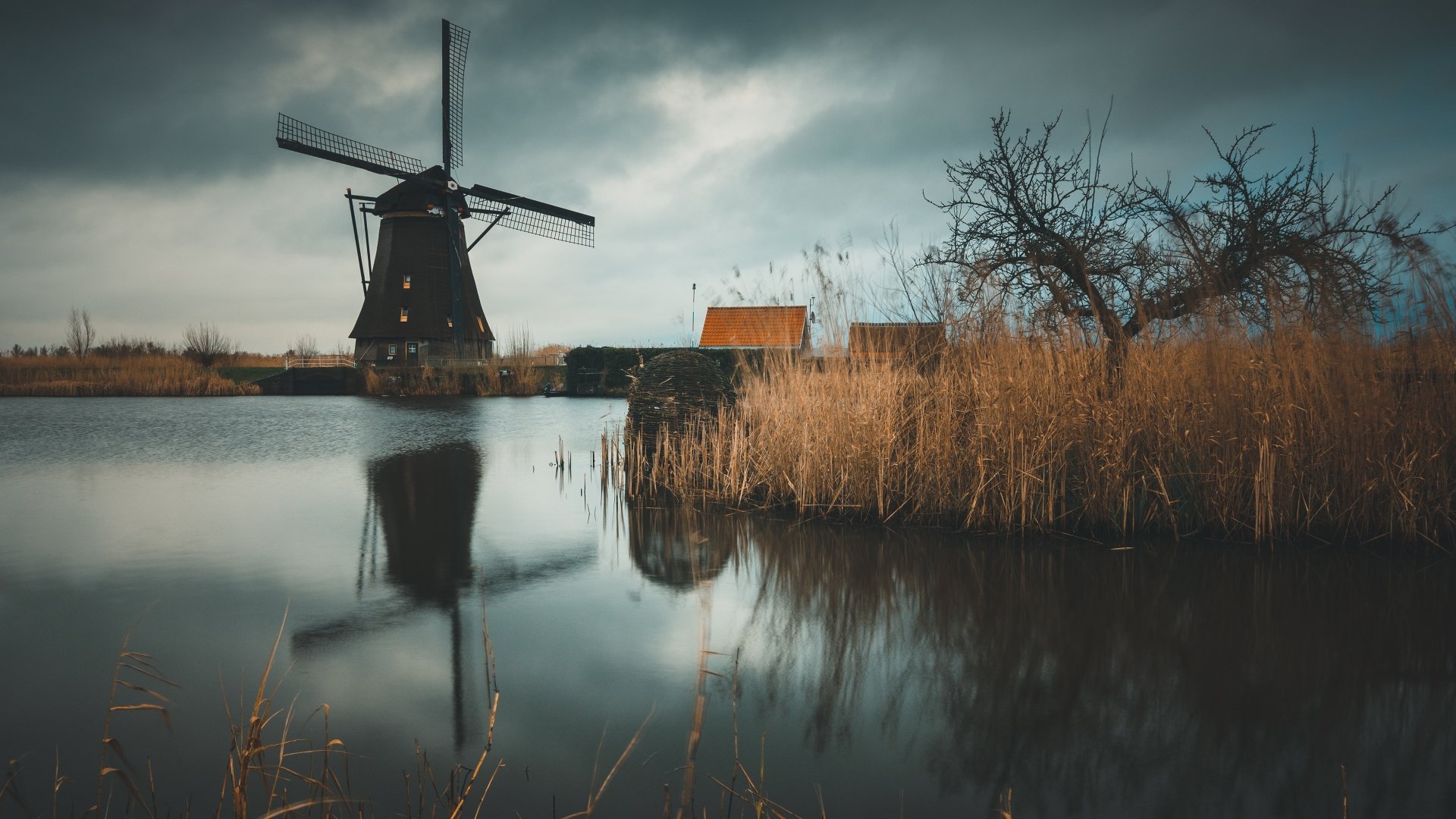 Download Reflection Building Man Made Windmill 4k Ultra HD Wallpaper