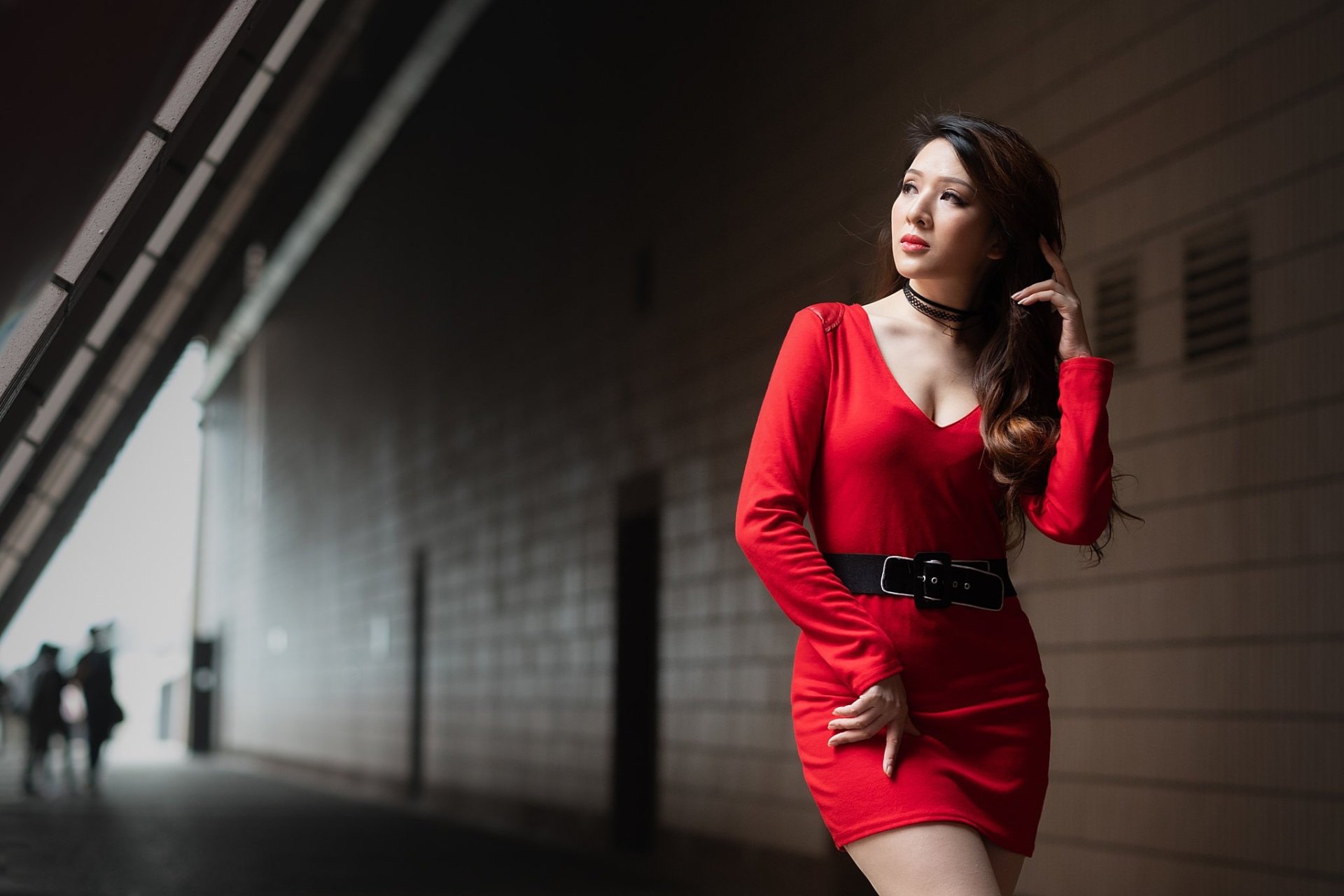 Download Depth Of Field Red Dress Brunette Model Woman Asian Hd Wallpaper