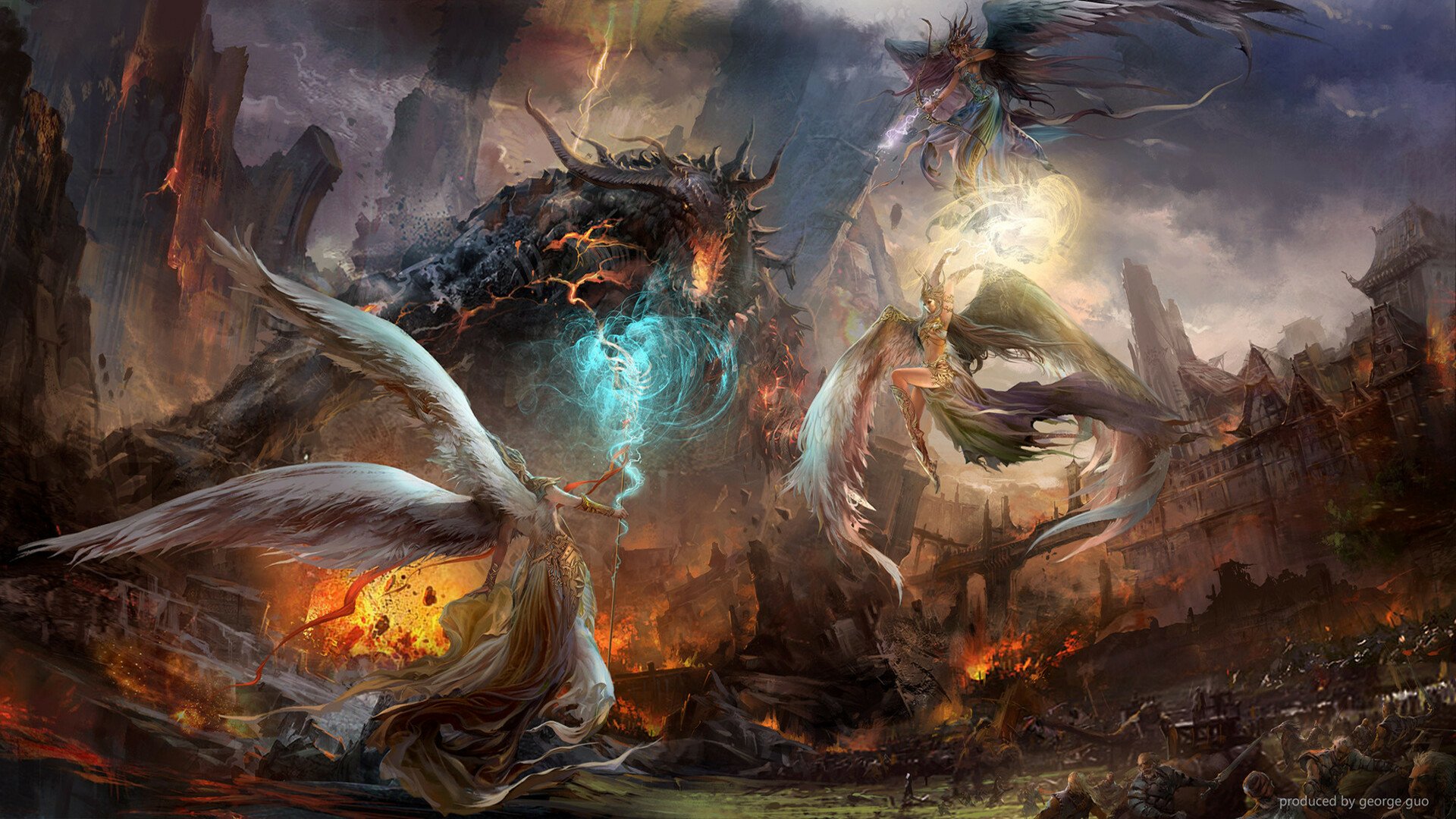 Epic Clash: Angels and Demons Battle in a Magical Fantasy Realm by Feng Guo
