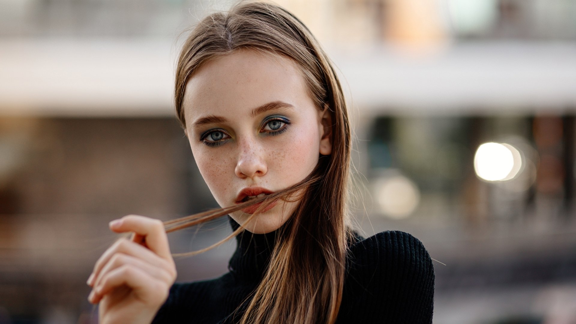 Download Brunette Depth Of Field Blue Eyes Woman Model HD Wallpaper by ...