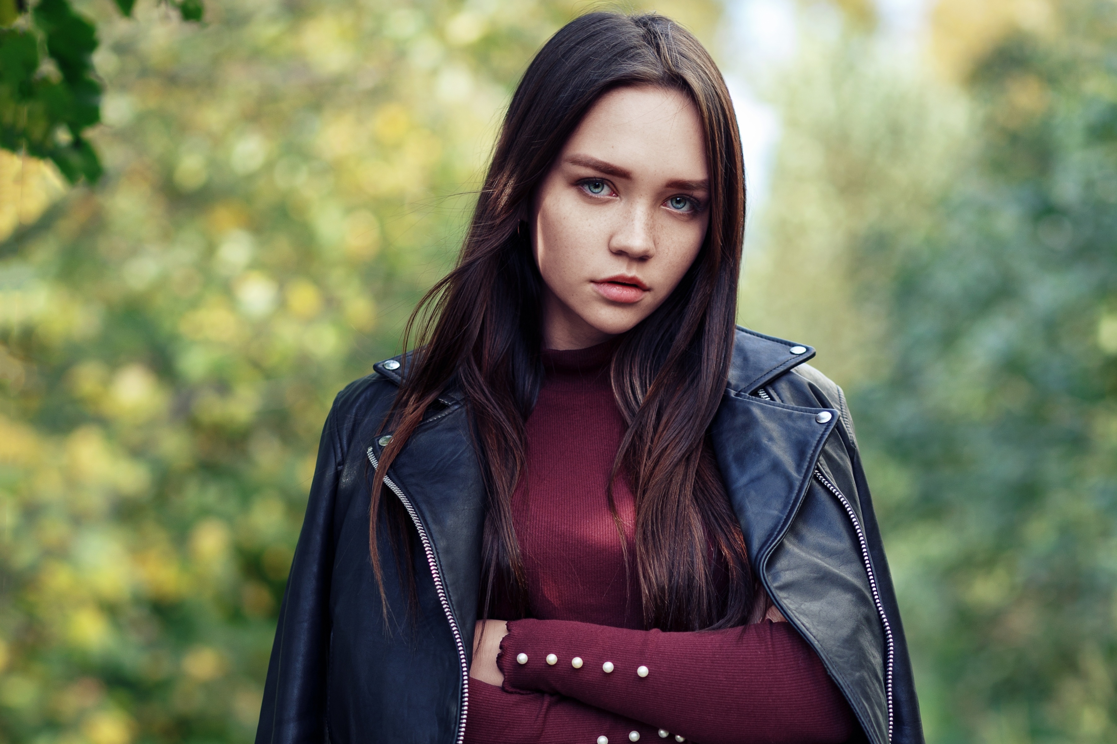 Download Depth Of Field Blue Eyes Brunette Leather Jacket Woman Model ...