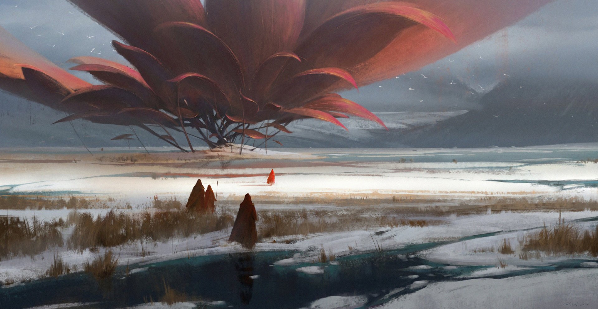 Crimson Blossom Over Frozen Marsh — 2K Quad HD Fantasy Landscape by ...