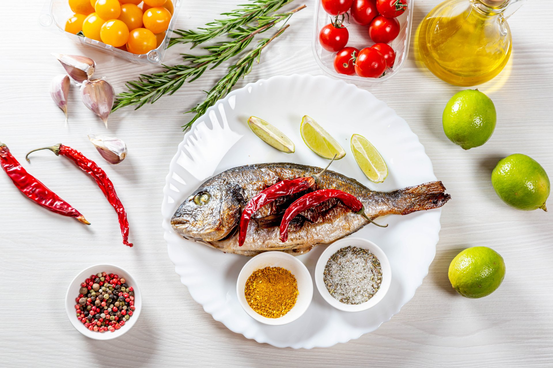 Download Still Life Seafood Pepper Tomato Lime Food Fish 4k Ultra HD ...