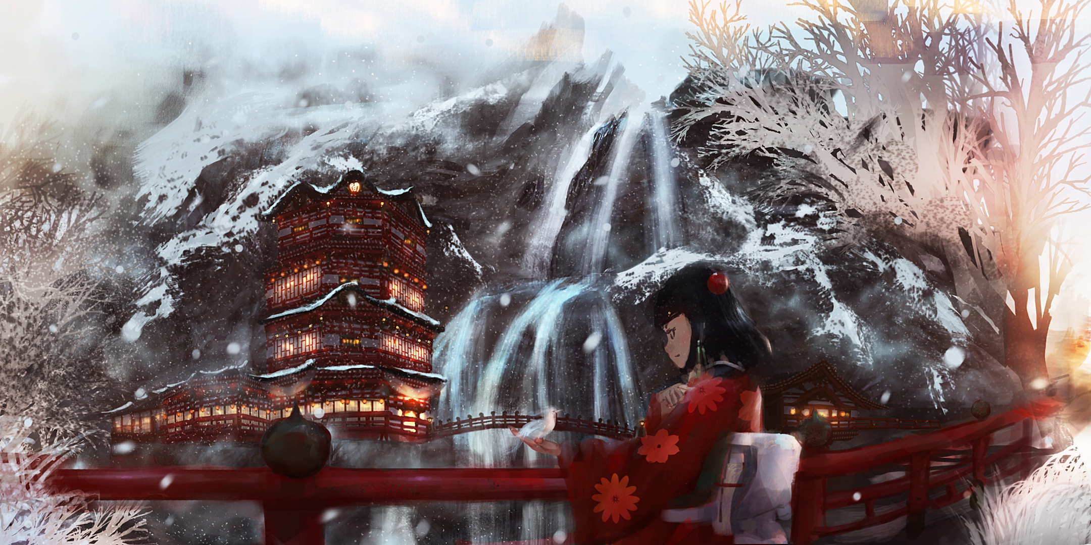Download Waterfall Building Snow Anime Original HD Wallpaper by ナコモ