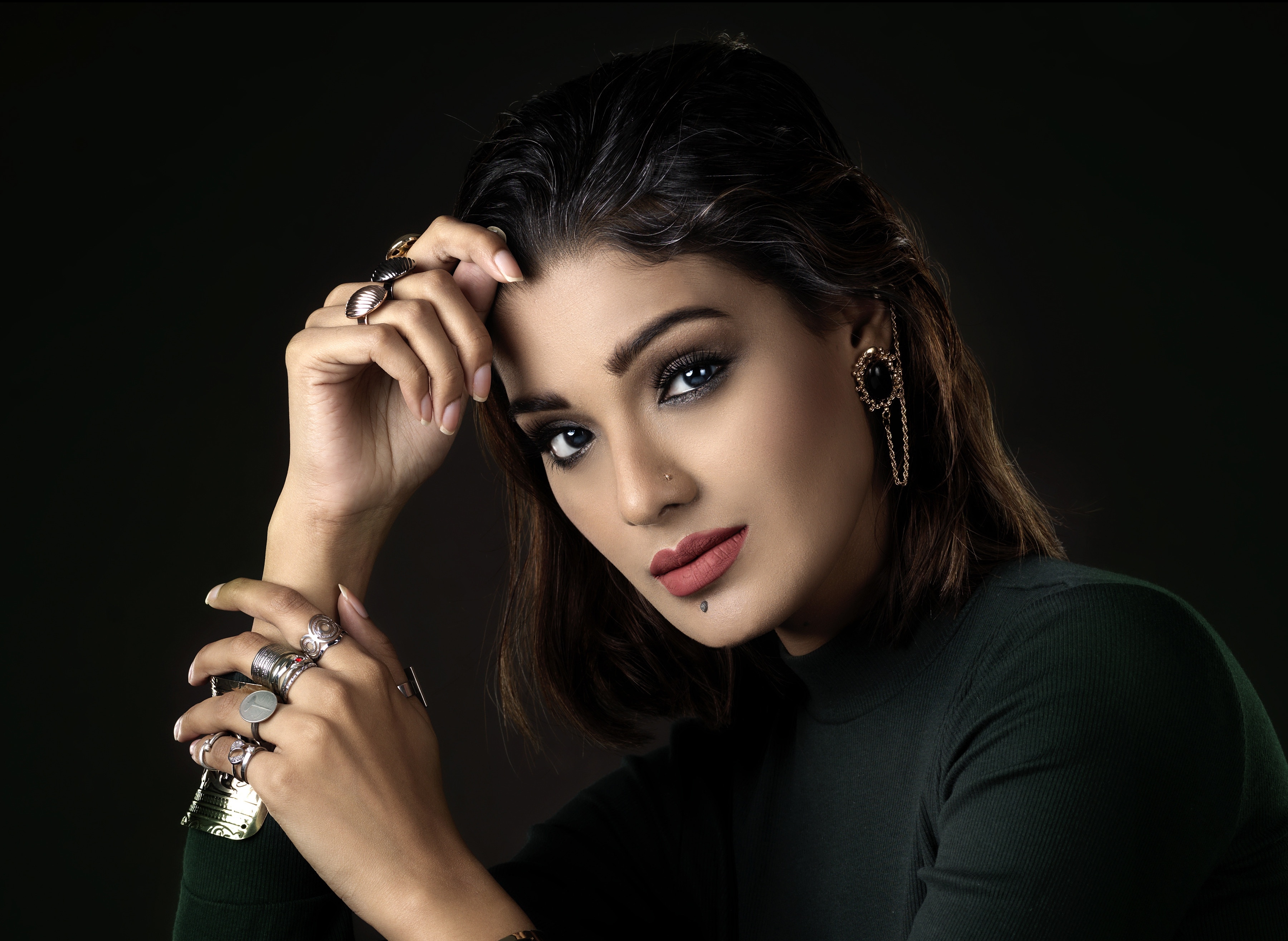 Download Blue Eyes Black Hair Earrings Face Indian Woman Model HD Wallpaper