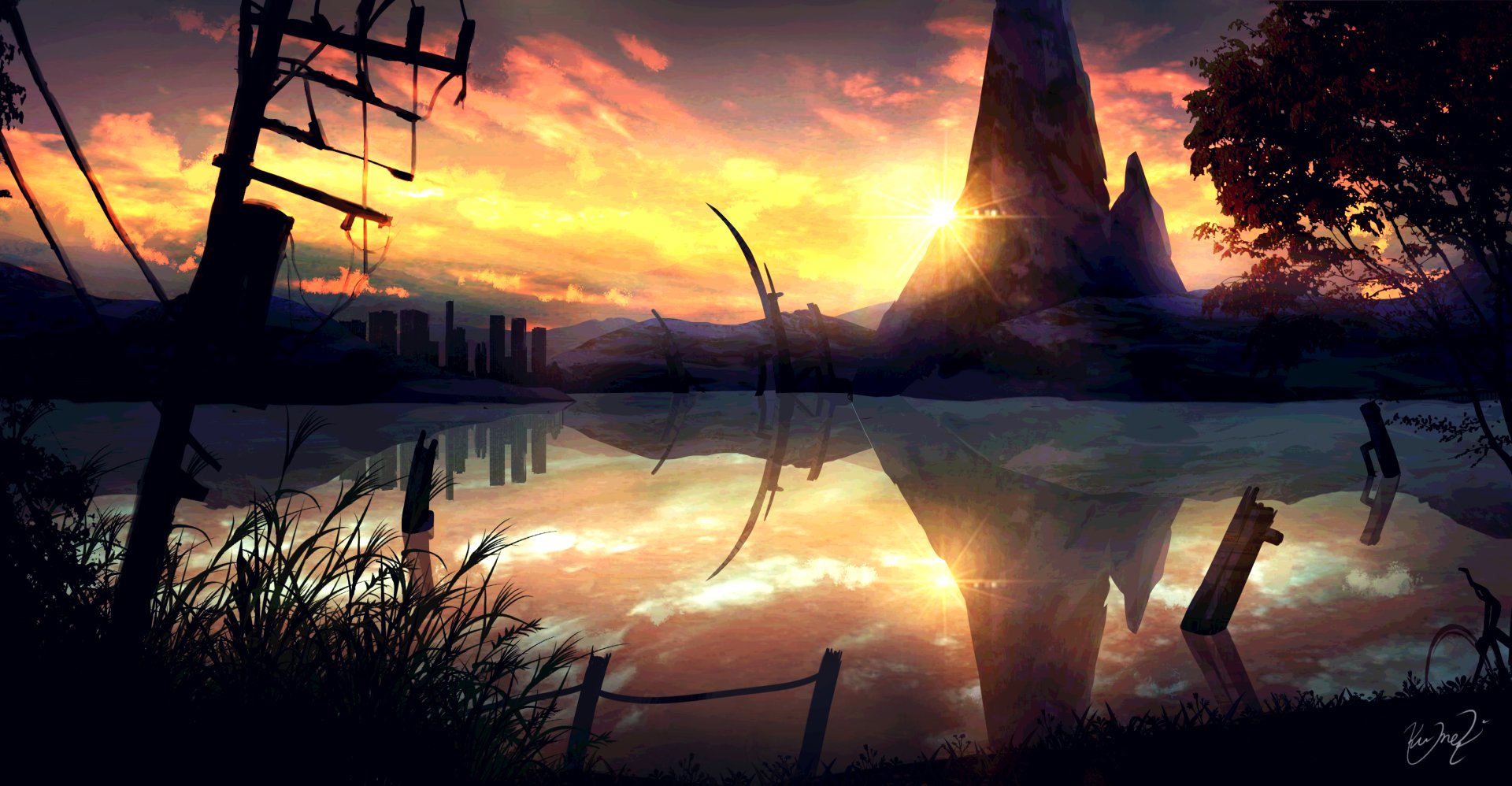 Download Reflection City Sunset Lake Anime Original Anime Sunset Anime ...