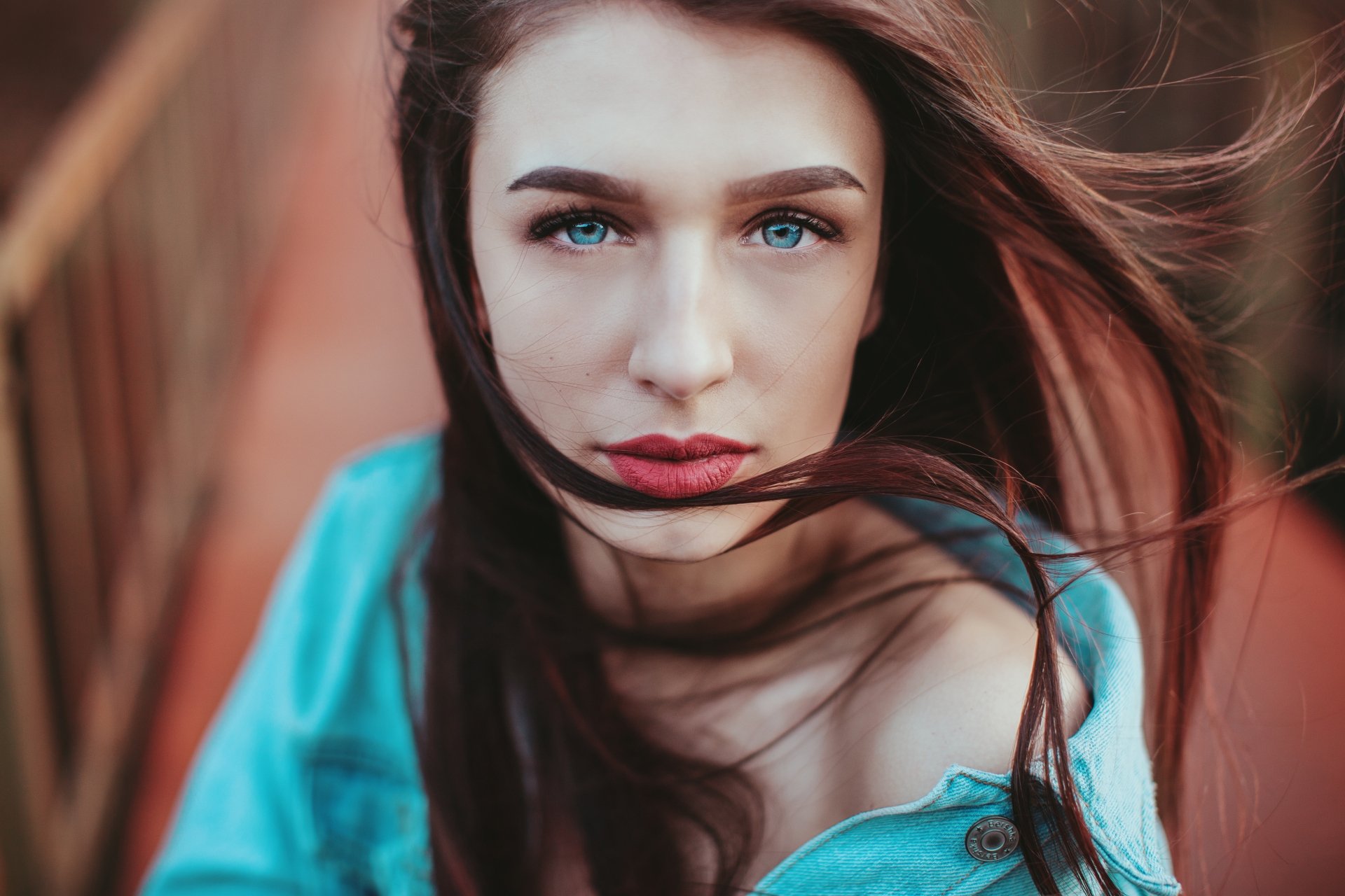 Download Brunette Lipstick Blue Eyes Face Woman Model 4k Ultra HD Wallpaper