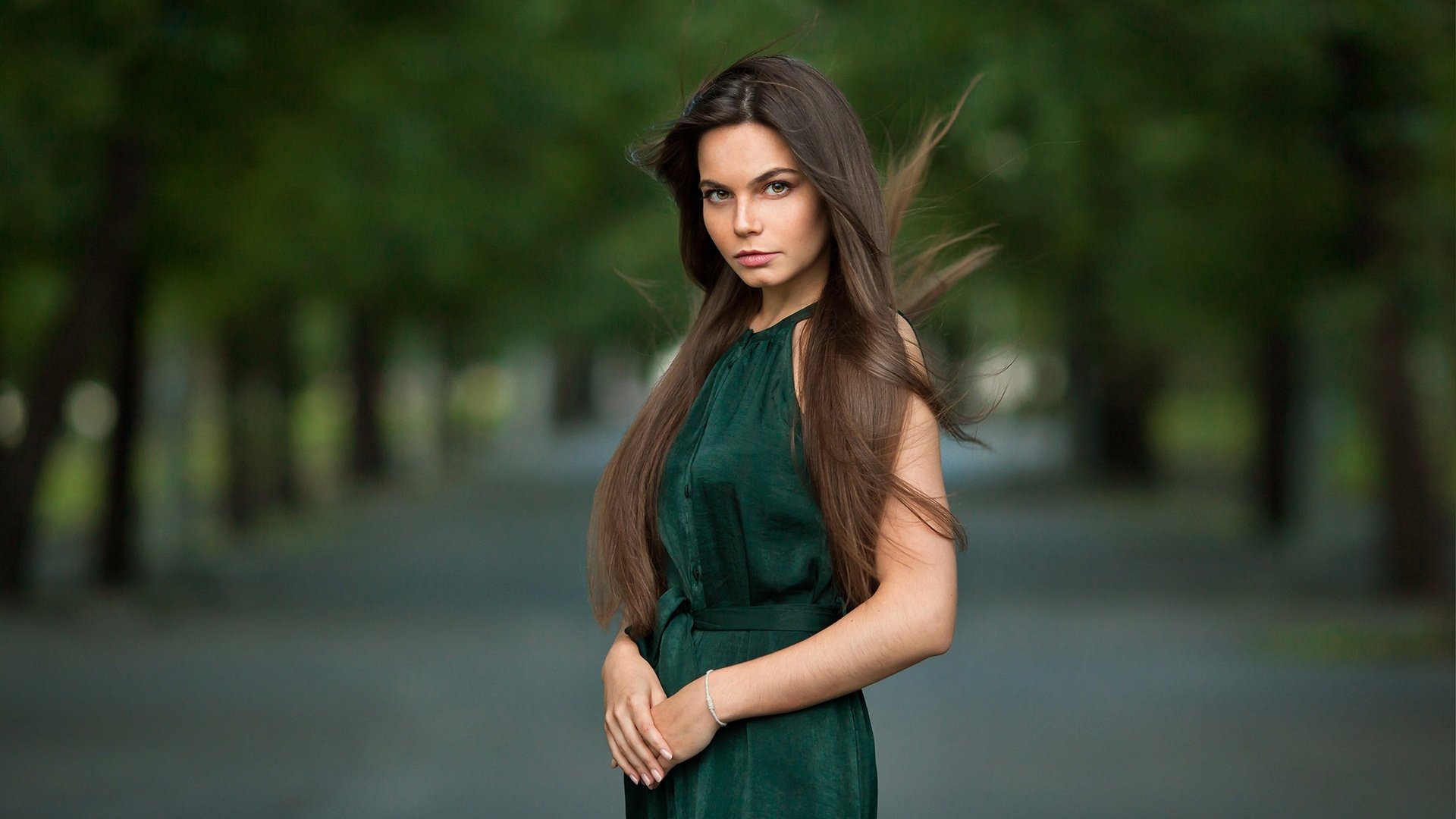 Download Green Dress Brown Eyes Long Hair Brunette Depth Of Field Woman Model HD Wallpaper by ...