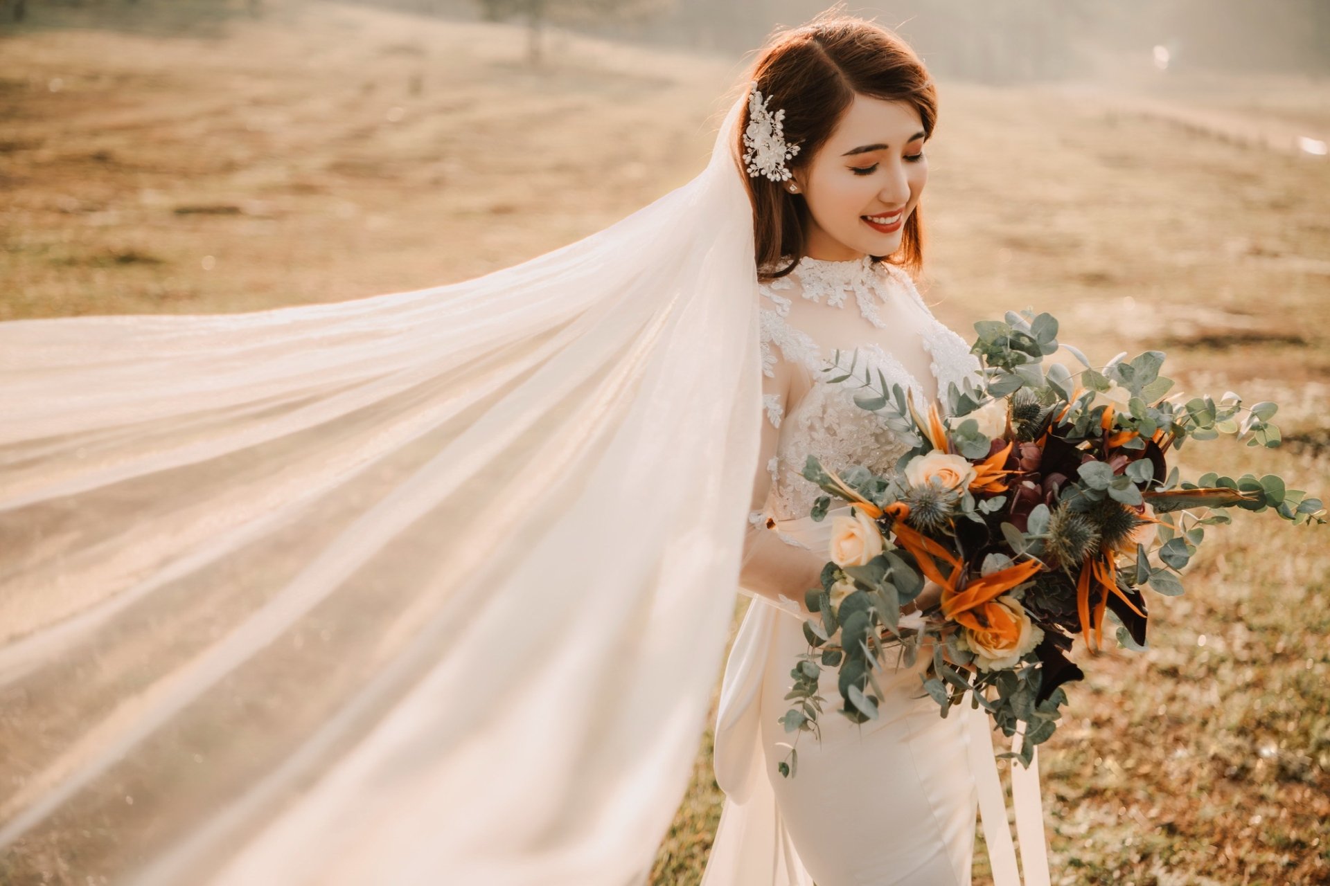 Download Bouquet Depth Of Field Brunette Smile Wedding Dress Asian ...