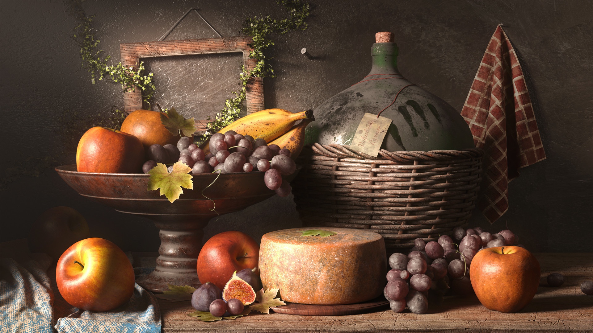 Download Fruit Fig Banana Pitcher Grapes Cheese Apple Food Still Life ...