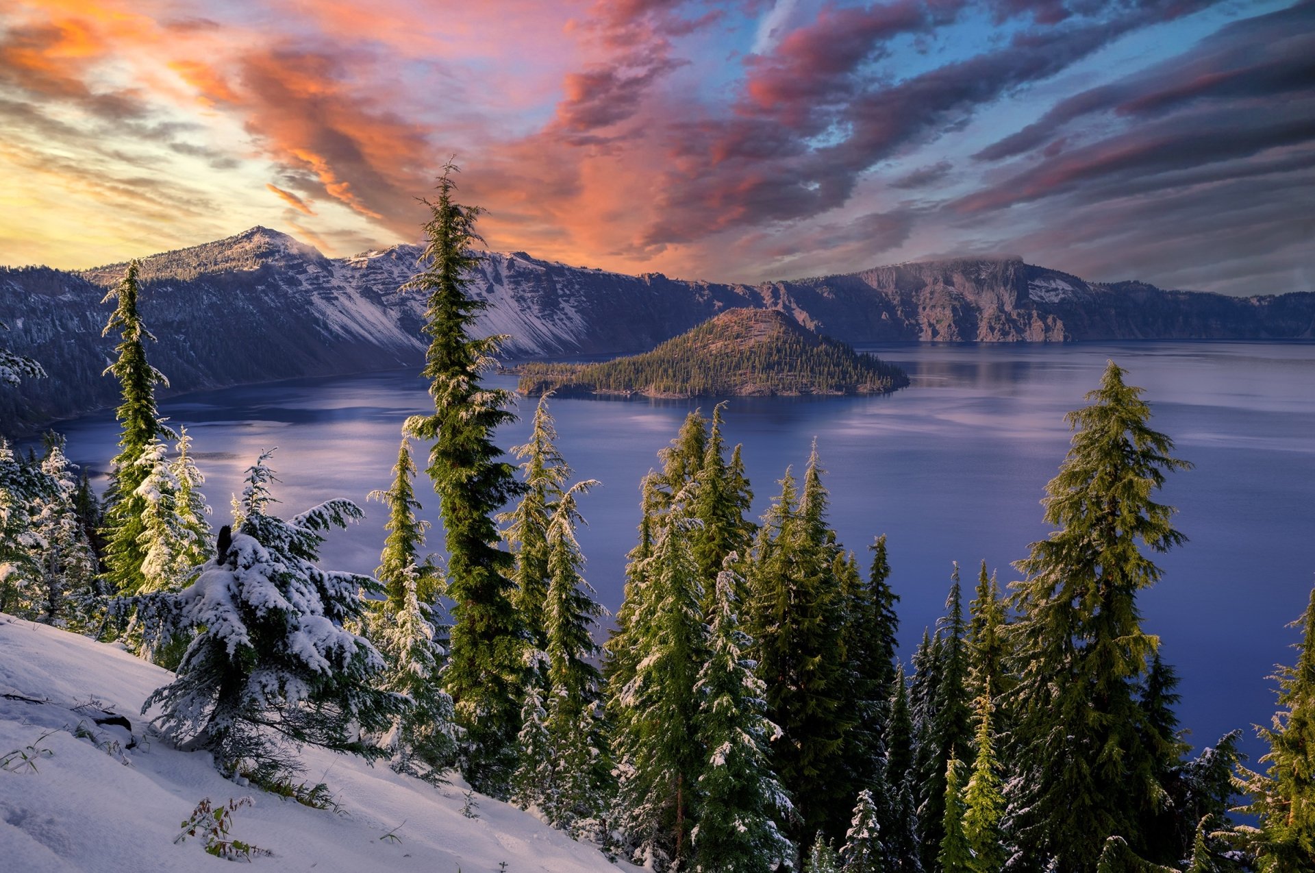 Download Island Nature Lake Snow Oregon Crater Lake HD Wallpaper