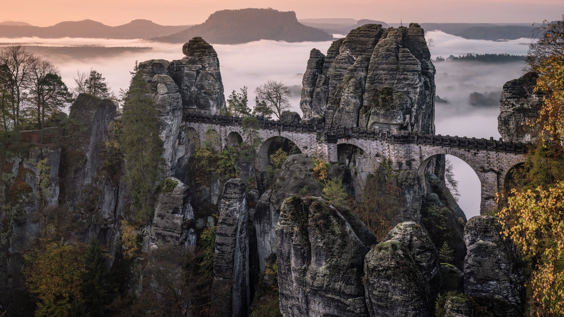 Bastei Bridge Overlooking Misty Elbe Sandstone Mountains – 4K Nature ...