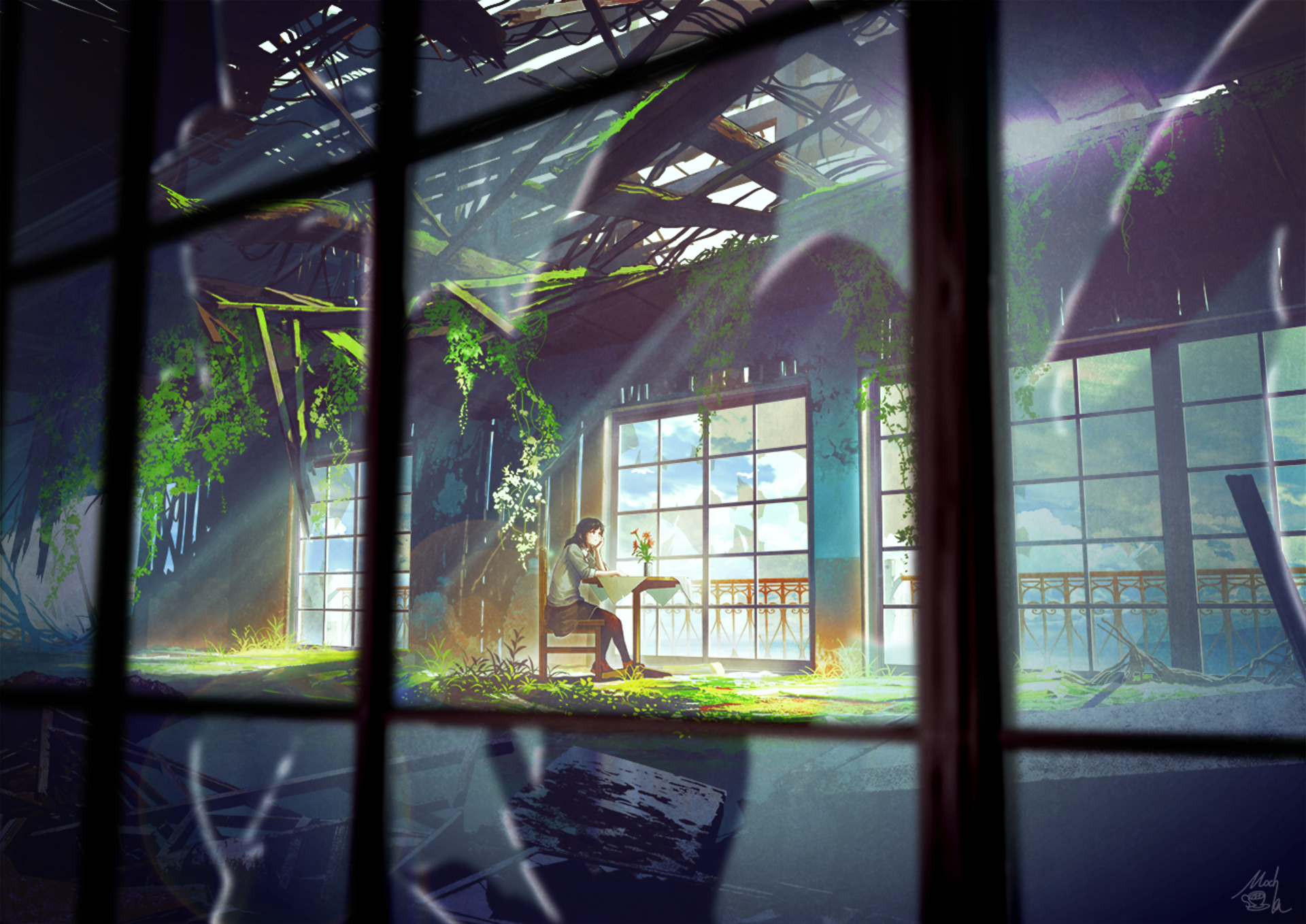 Abandoned Anime Room: Sunlit Window & Greenery HD Wallpaper by mocha