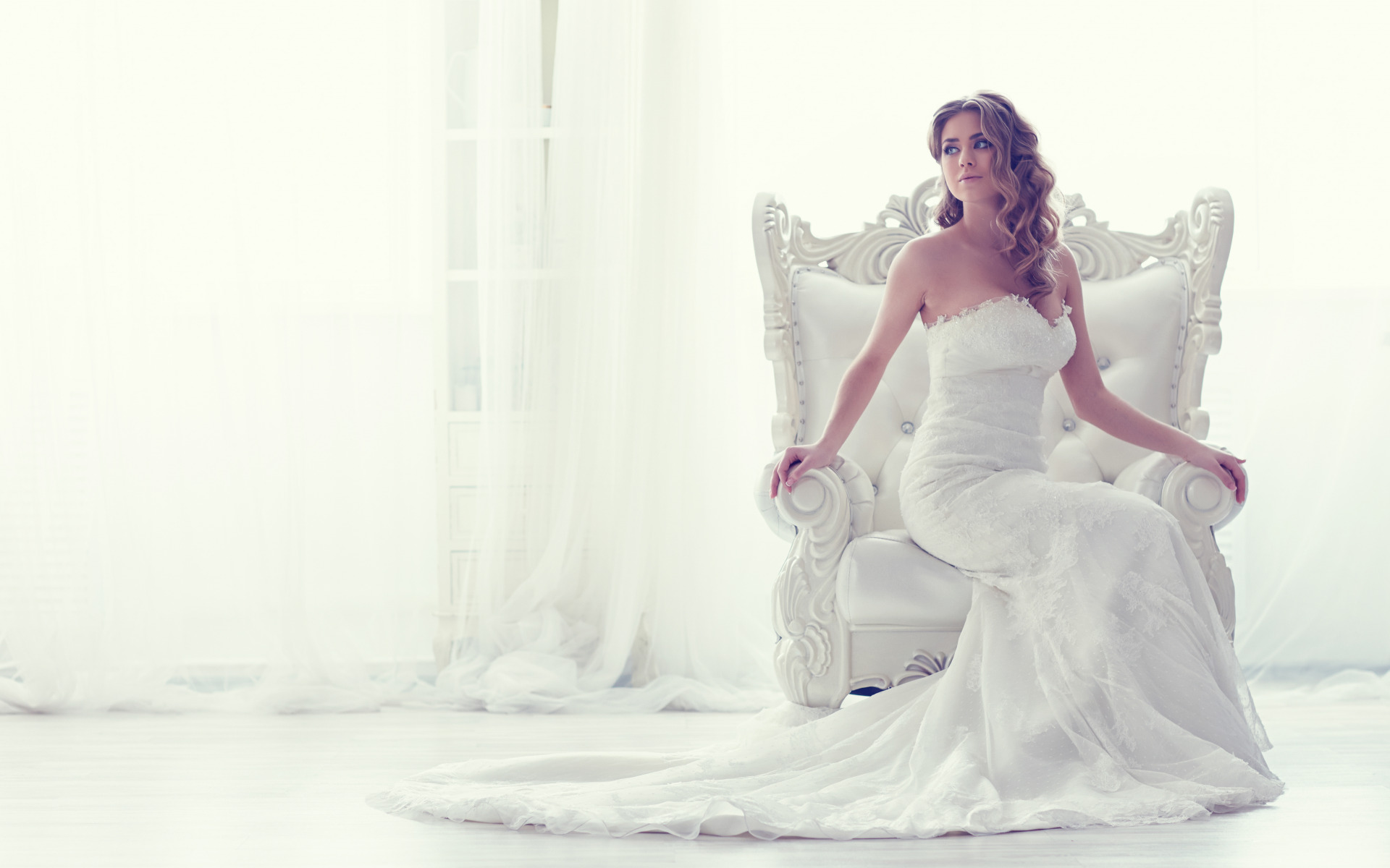 Download White Dress Chair Face Hair Woman Bride HD Wallpaper