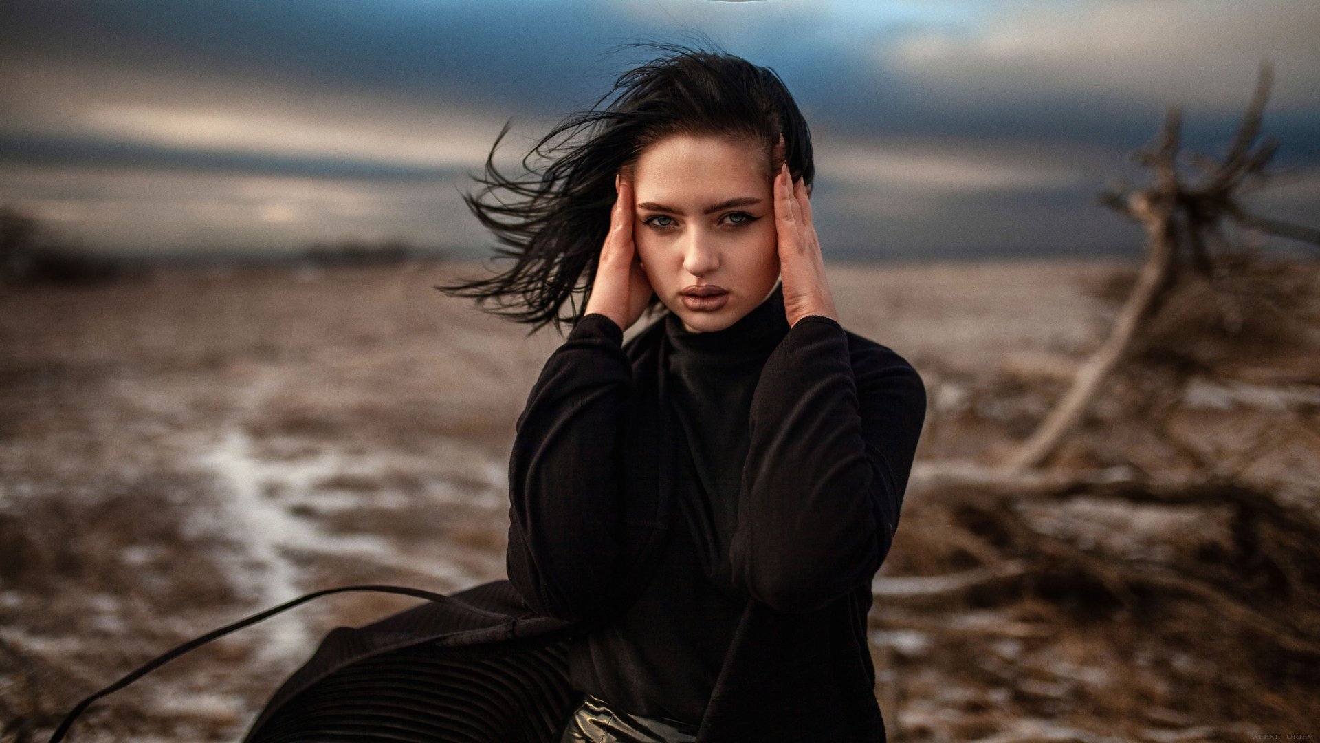 Download Brunette Makeup Hand Wind Face Woman Model HD Wallpaper by ...