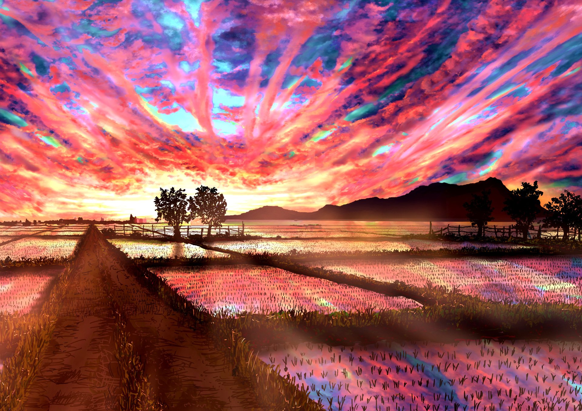 Anime Sunset over Vibrant Paddy Fields – HD Nature Wallpaper by へびたん