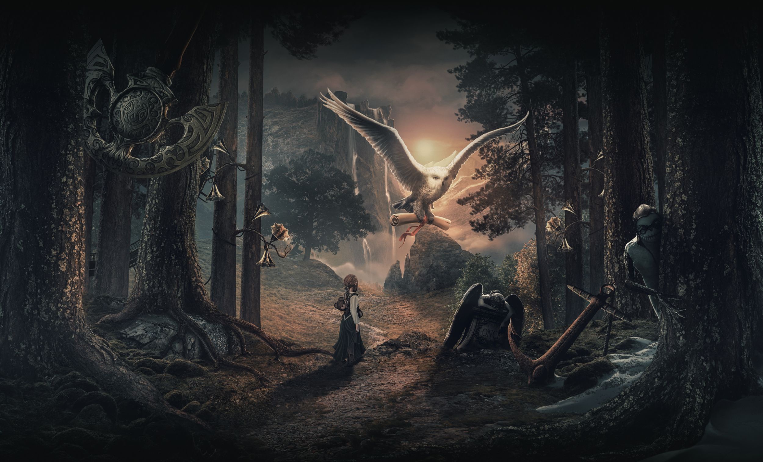 Download Waterfall Owl Forest Fantasy Child HD Wallpaper