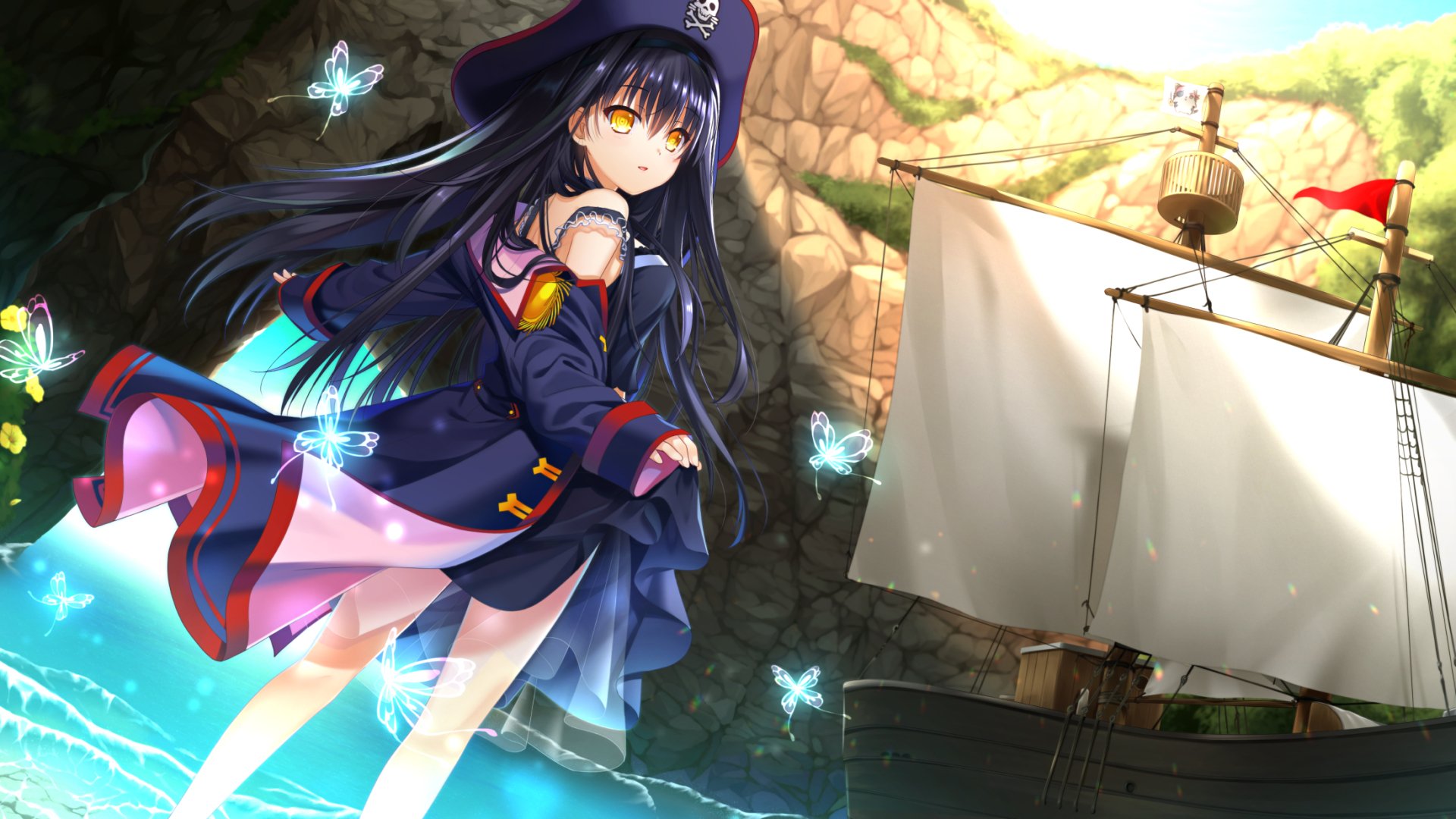 Download Yellow Eyes Pirate Long Hair Hat Butterfly Black Hair Kushima ...