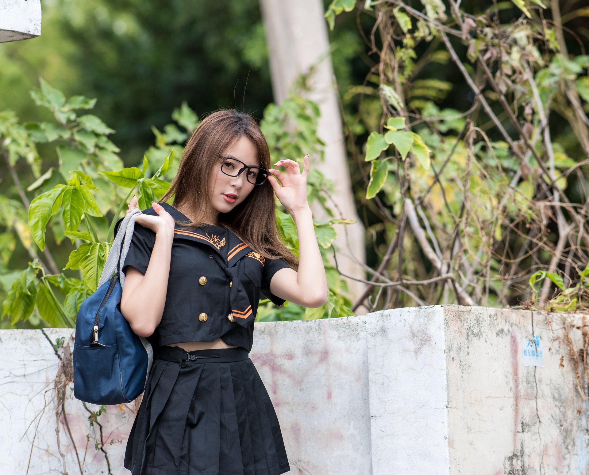 Download School Uniform Glasses Brunette Model Woman Asian HD Wallpaper