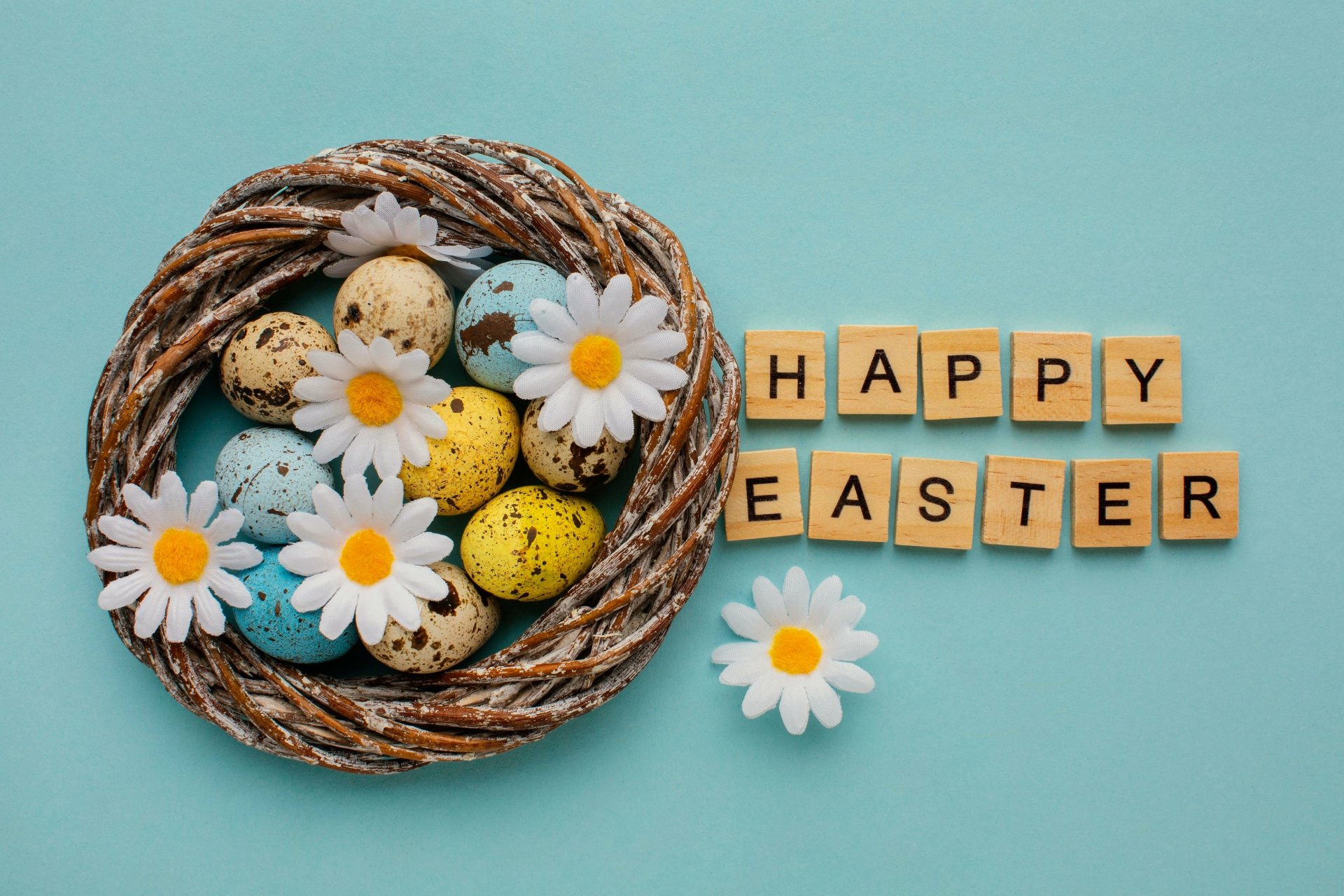 Happy Easter 4K Ultra HD Wallpaper – Colorful Eggs & Fresh Camomiles ...