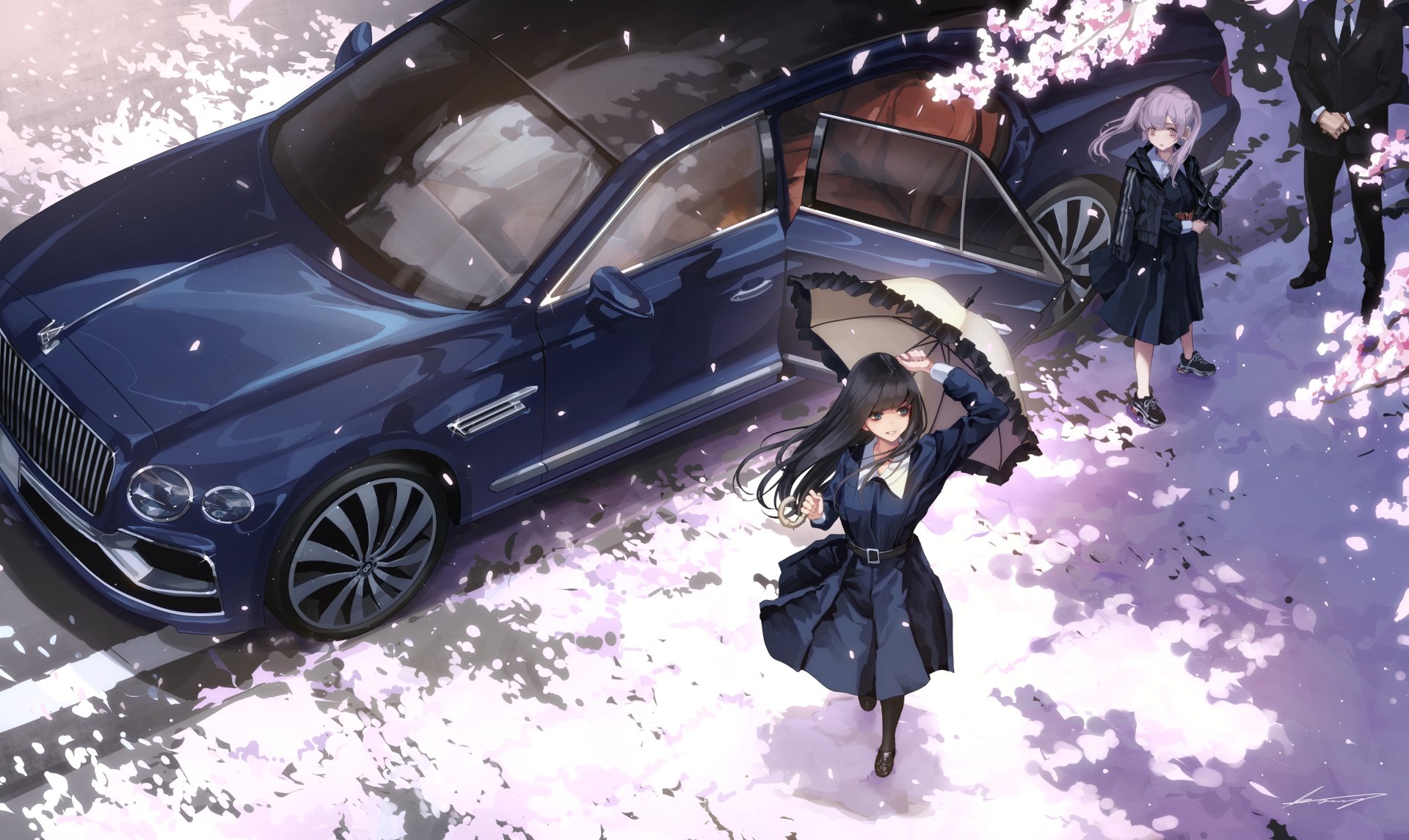 Download Sakura Black Hair Long Hair Parasol Flower Car Anime Girl ...