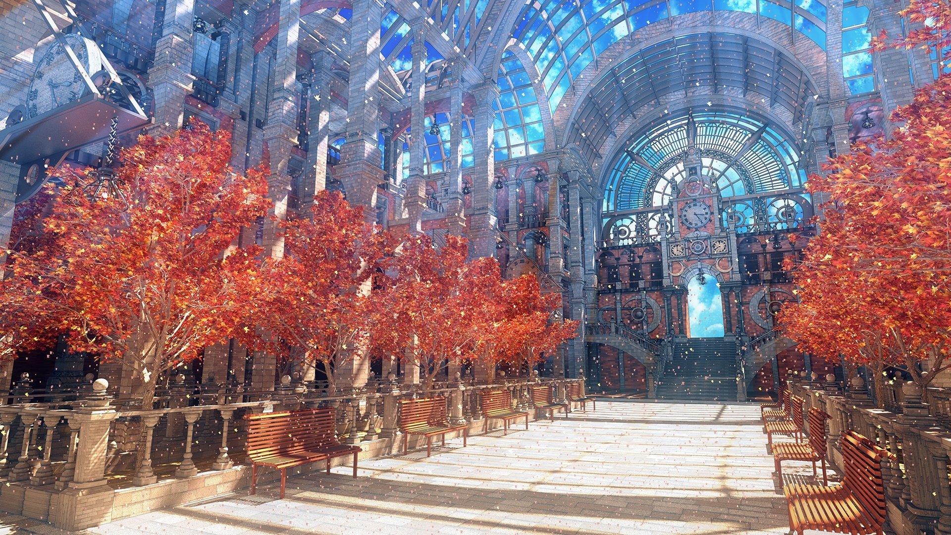 Anime-Inspired Architectural Wonder: HD Autumn Glow Wallpaper