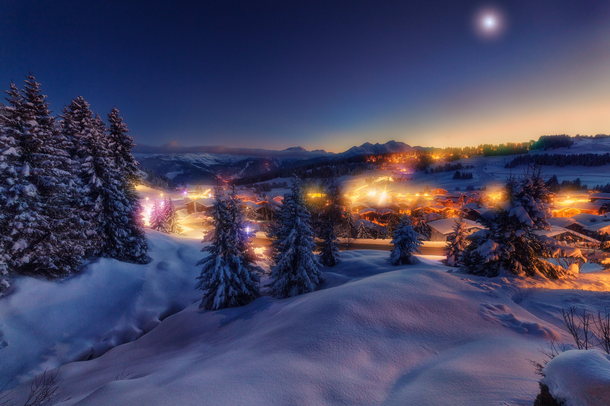 Download Night France Snow Winter Man Made Village Winter Night HD Wallpaper