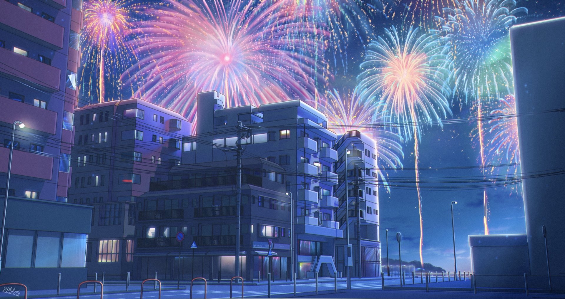 Download Fireworks Anime City Anime City HD Wallpaper | 3721x1972 ...