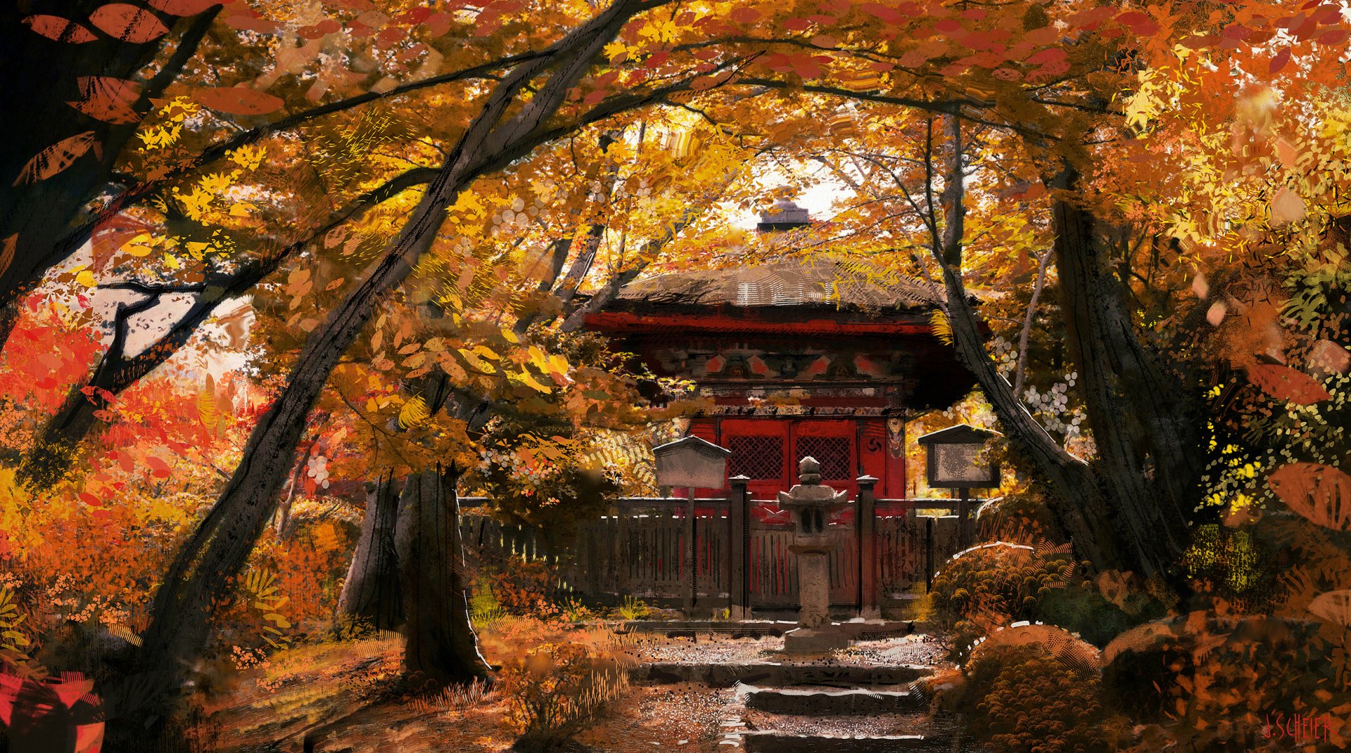 Sacred Autumn Sanctuary: HD Temple Wallpaper by Jason Scheier
