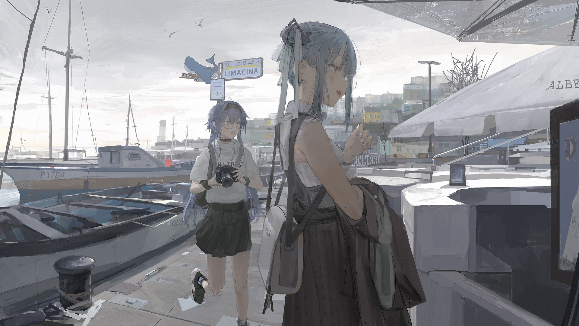 Serene Anime Girls by the Harbor - HD Wallpaper by Paindude