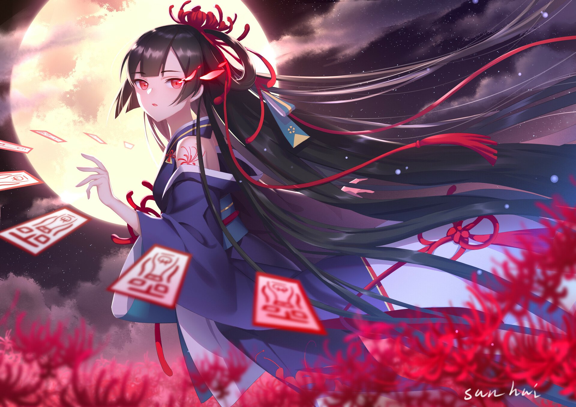 Ethereal Anime Girl HD Wallpaper: Grace in the Night Breeze by hui sun