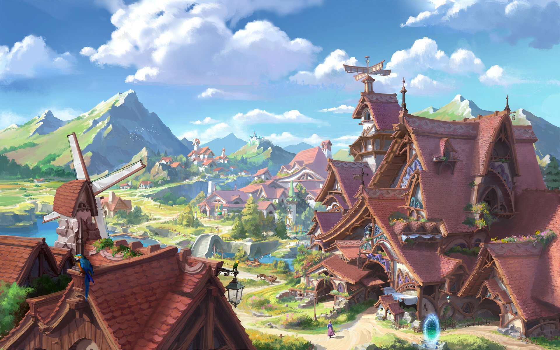 Enchanting Fantasy Cityscape HD Wallpaper by Menghan Liu