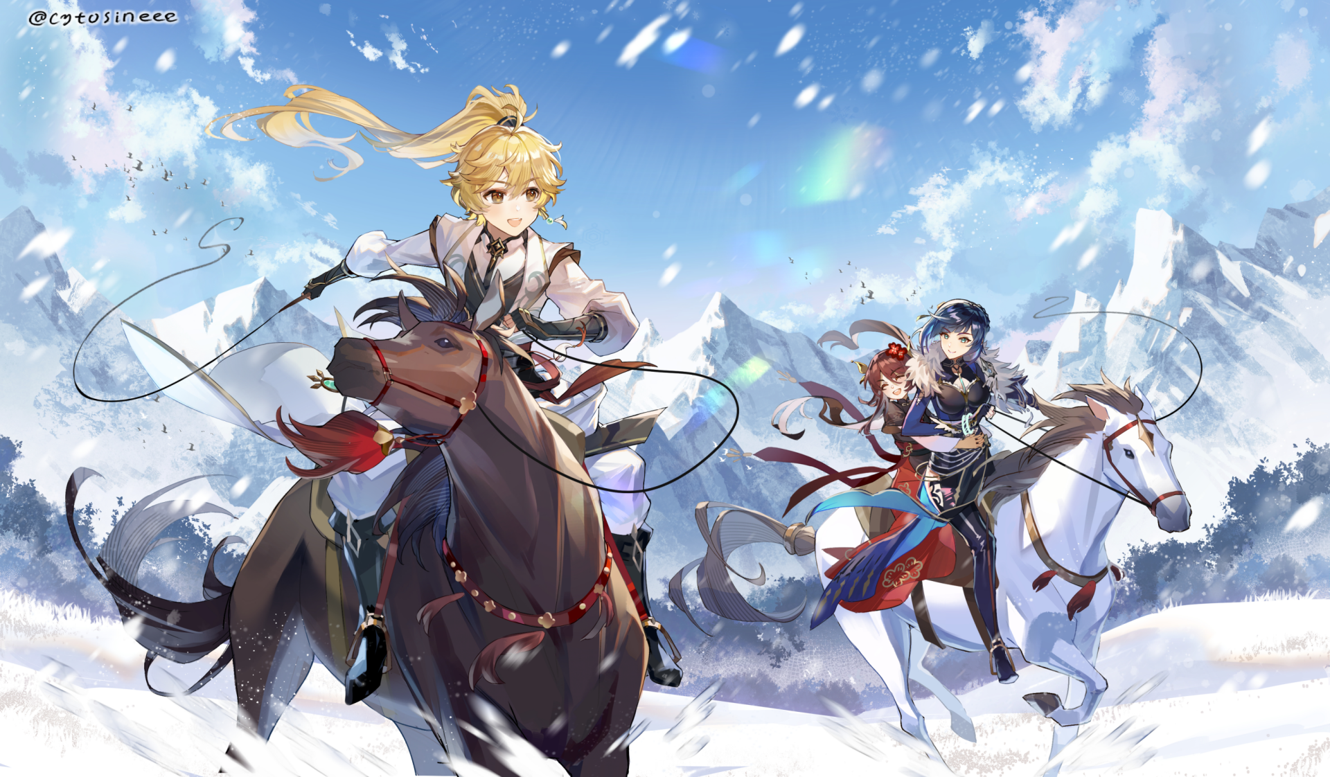 Genshin Impact: Aether, Yelan & Hu Tao — Frostbound Riders (2K Quad HD ...