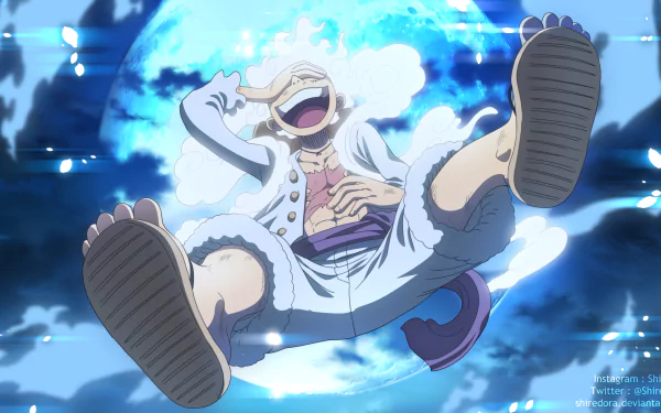 One piece luffy gear 5, jumping next to the moon. by Hypev2