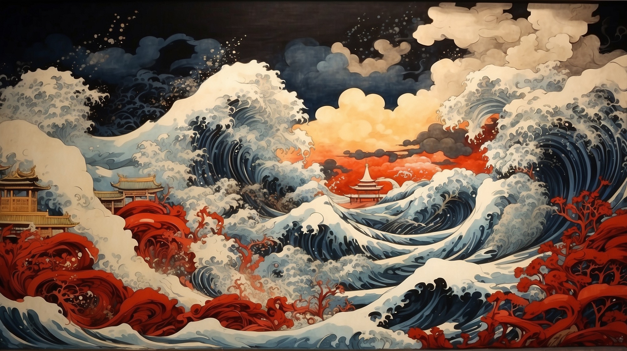Sunset Sea Japanese Painting by AnimeHead