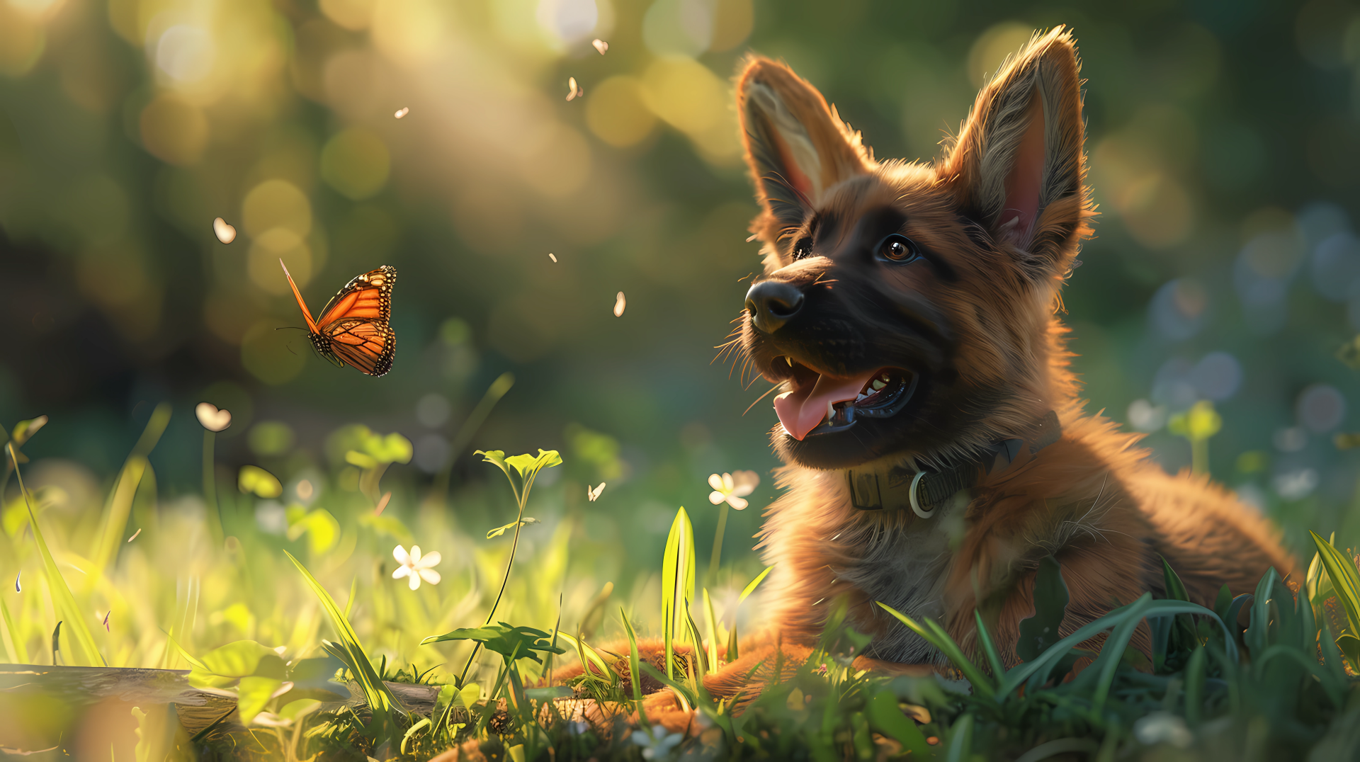 German shepherd puppy watching a butterfly by BlueTechWizard