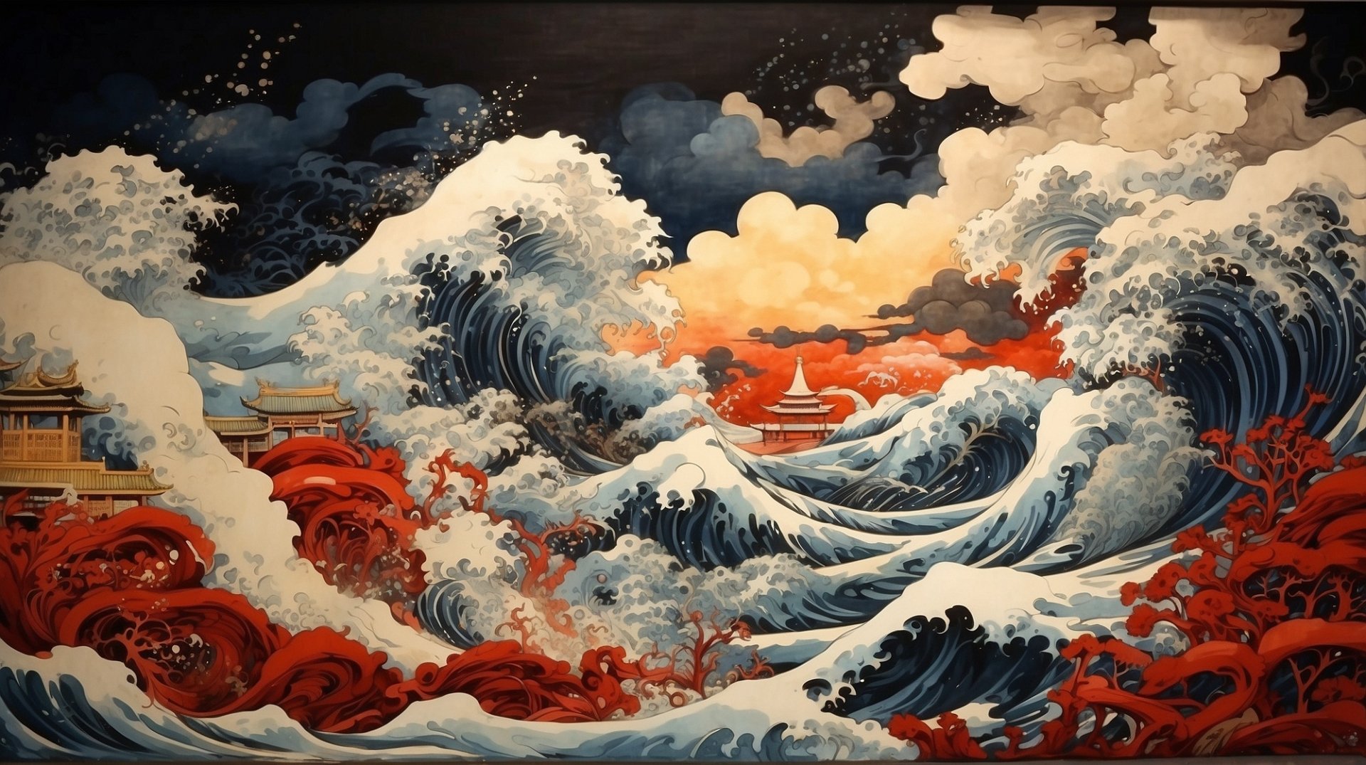 Sunset Sea Japanese Painting by AnimeHead