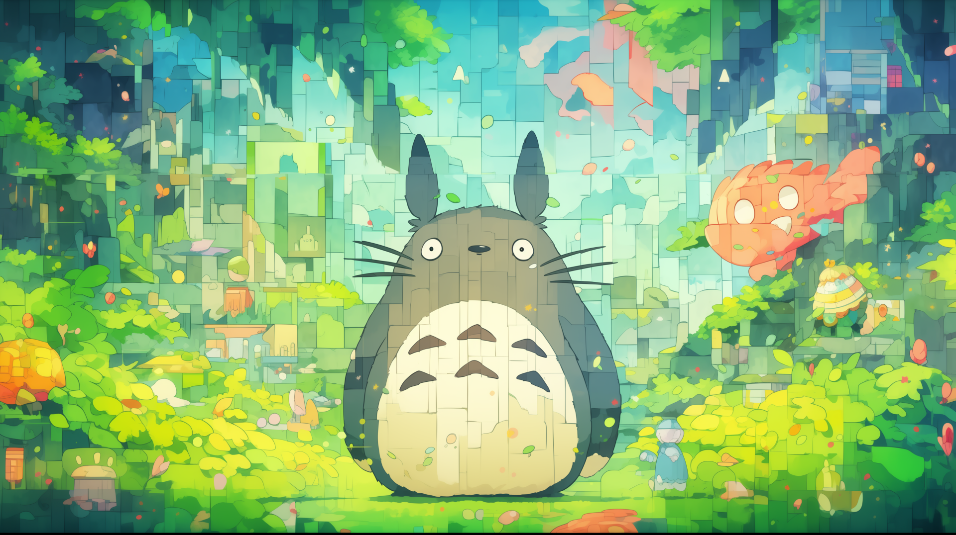 Totoro Mosaic Magic: HD Studio Ghibli AI Art Wallpaper