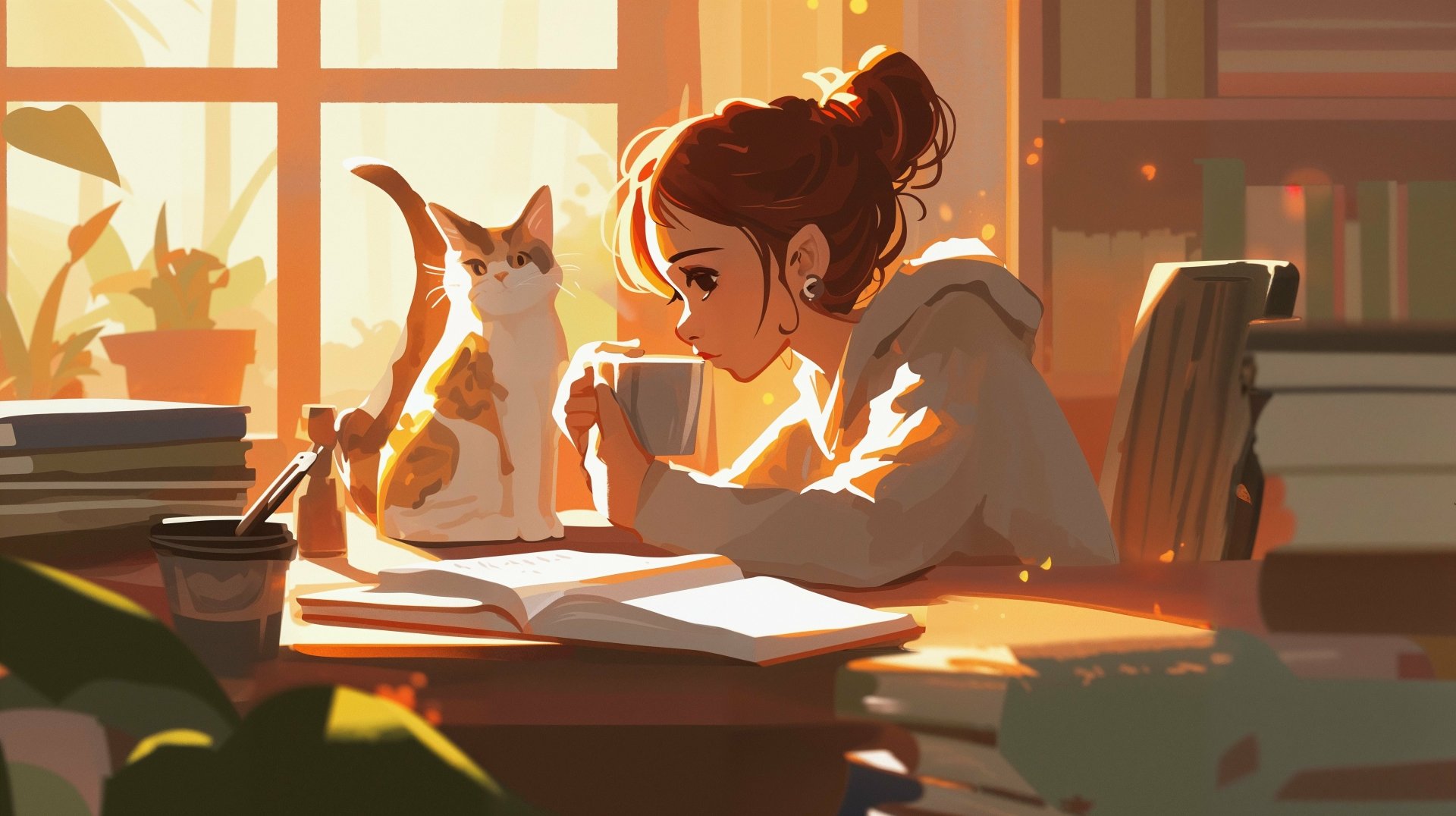 Woman and Cat Studying - HD Wallpaper by Phaethon