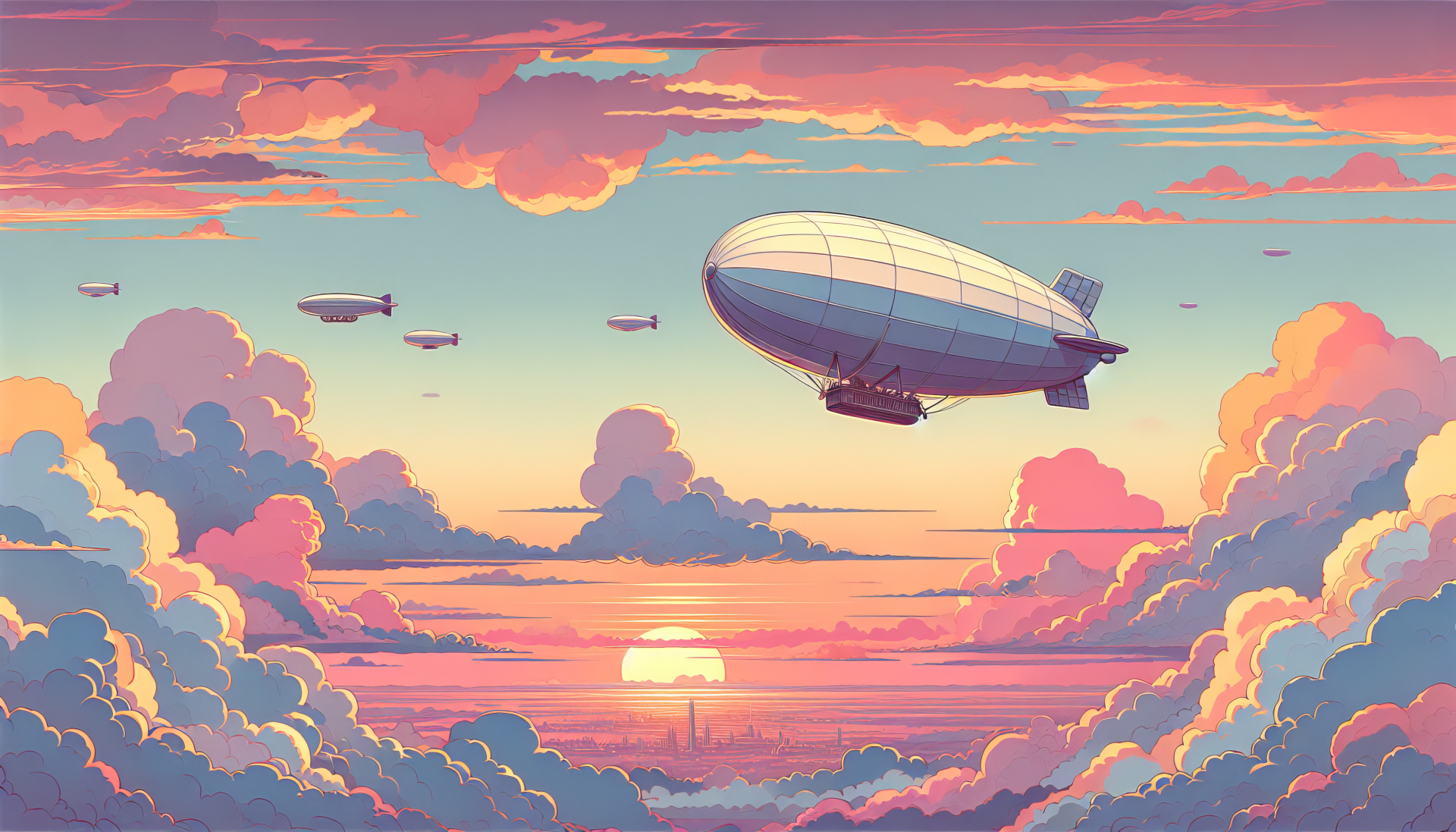 Majestic Airships Sunset Skyline HD Wallpaper by QuantumCurator