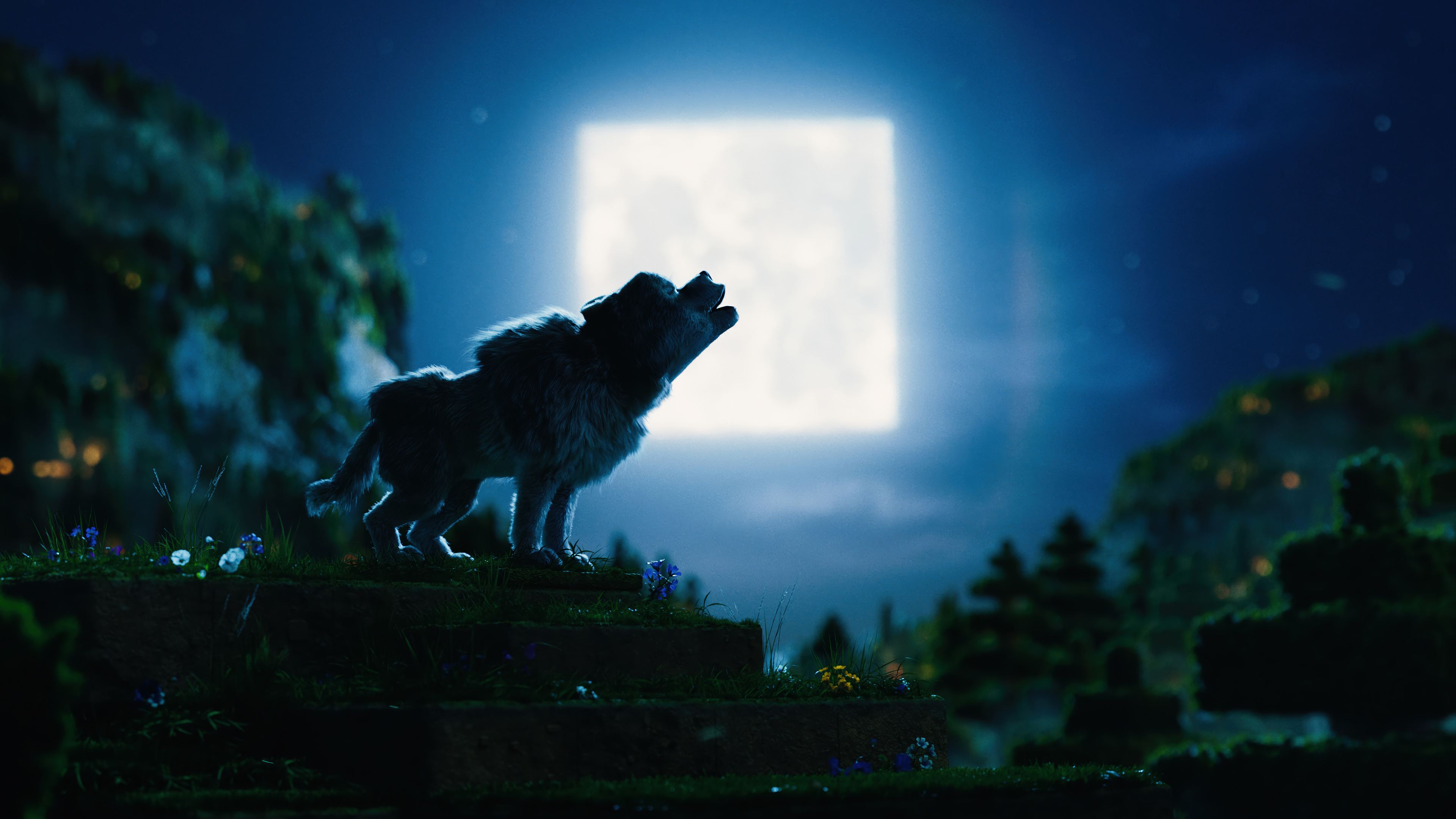 Minecraft Movie: A Wolf's Howl Under the Night Sky - 4K Ultra HD Wallpaper