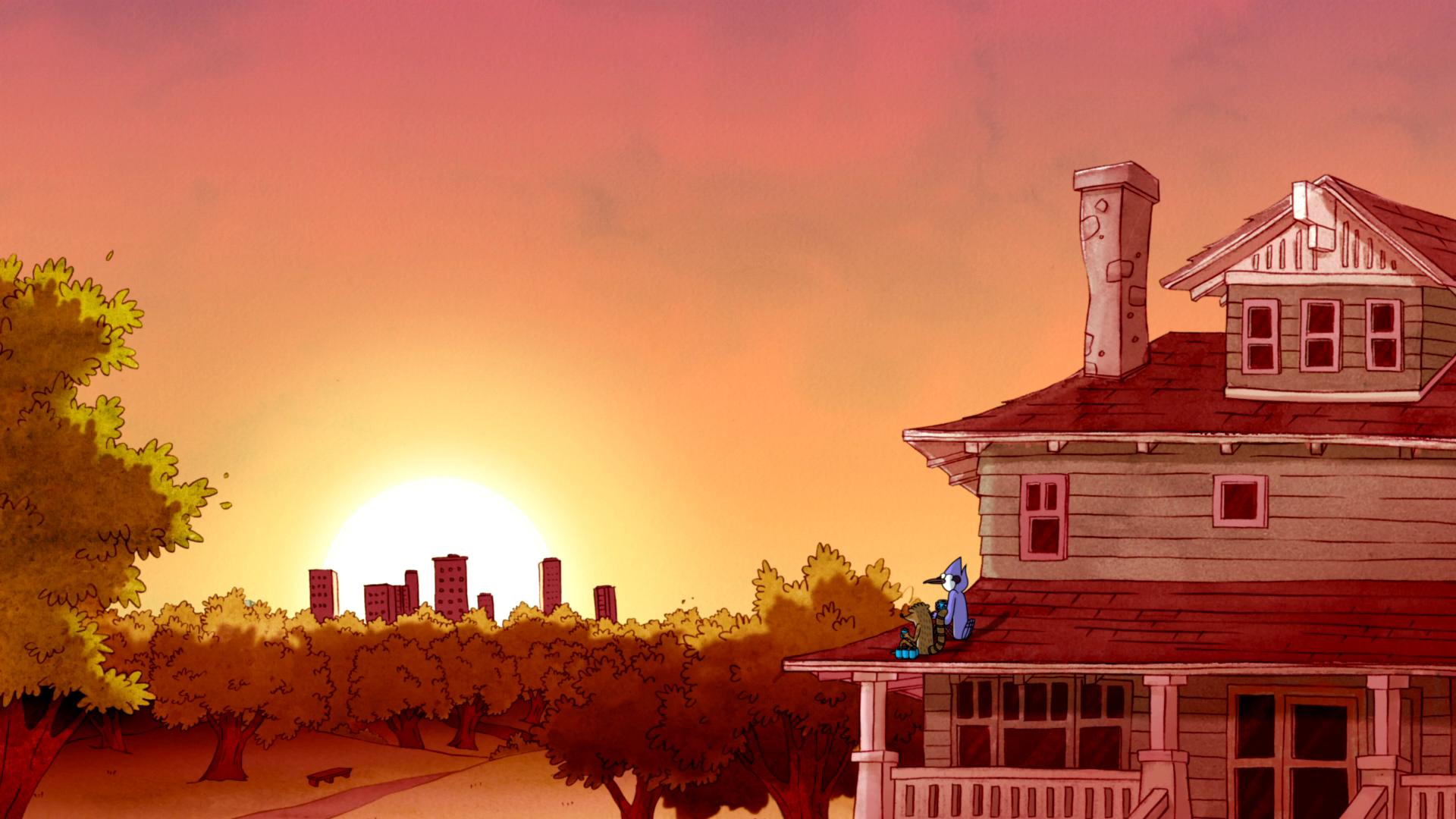 HD Wallpaper: Mordecai & Rigby Sunset Scene from Regular Show