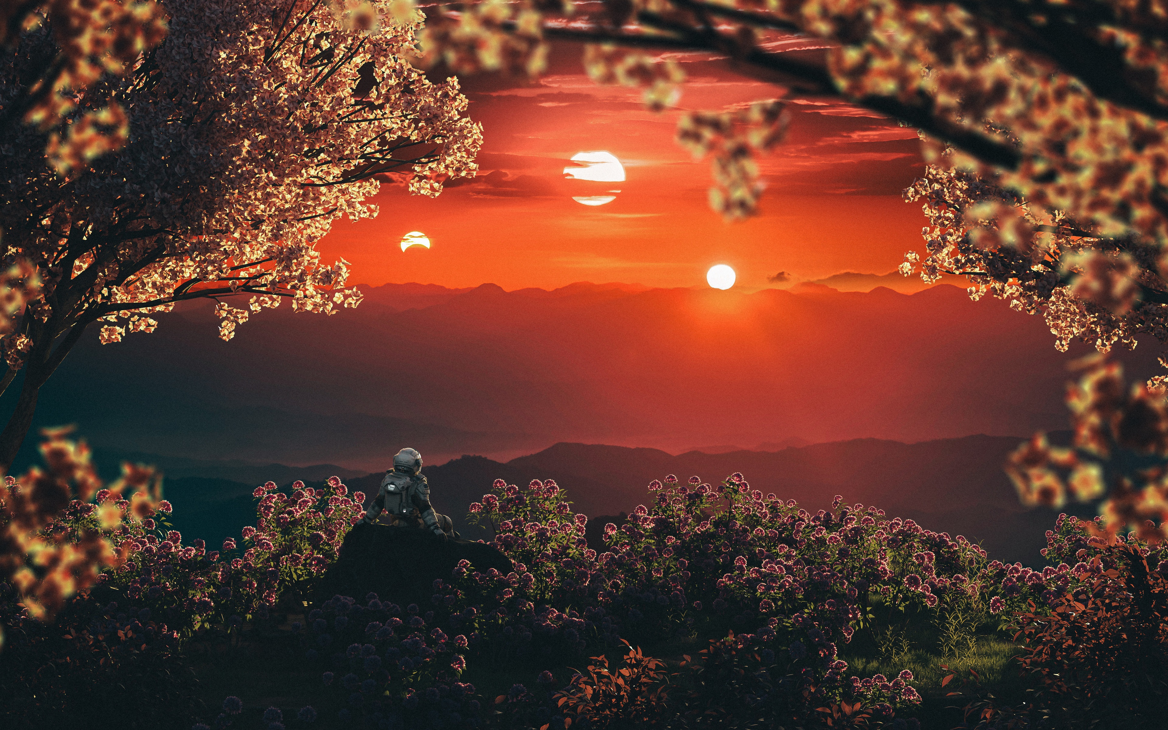 Sunset Sentinel: 4K Ultra HD Astronaut in Blooming Landscape by Vadim ...