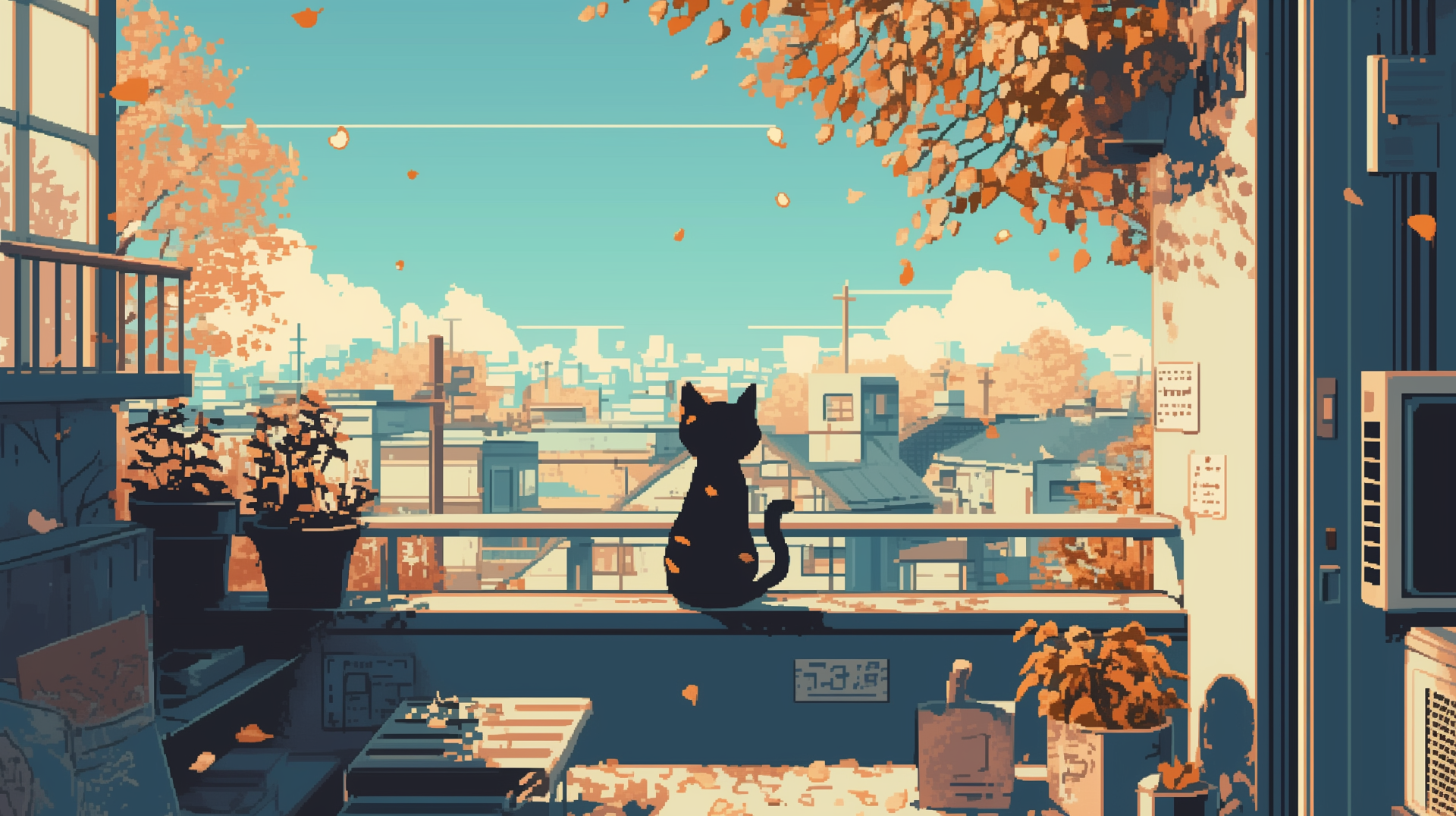 2K Quad-HD Pixel Noir: Black Cat on a City Balcony (AI Art Wallpaper)