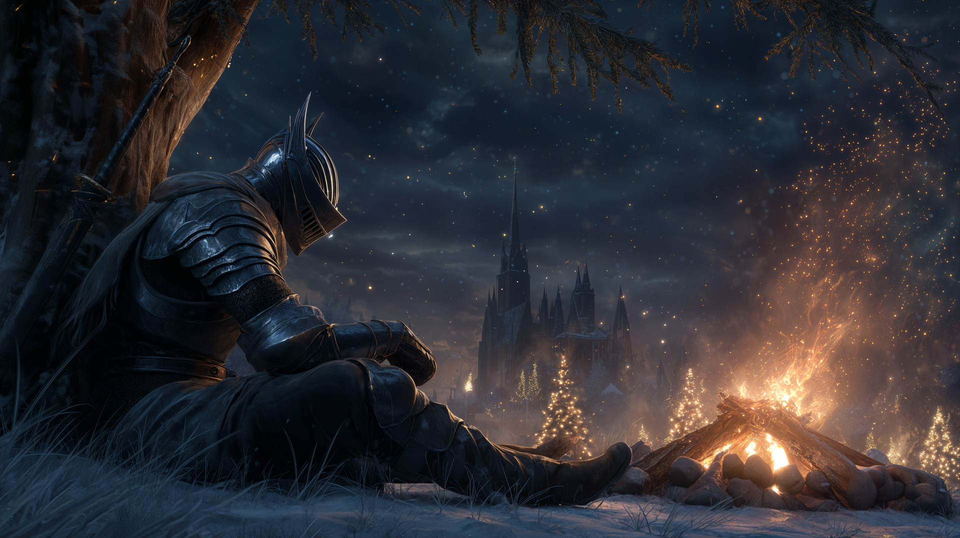 Ember Repose — Dark Souls Armored Warrior Resting by Bonfire (4K Ultra ...